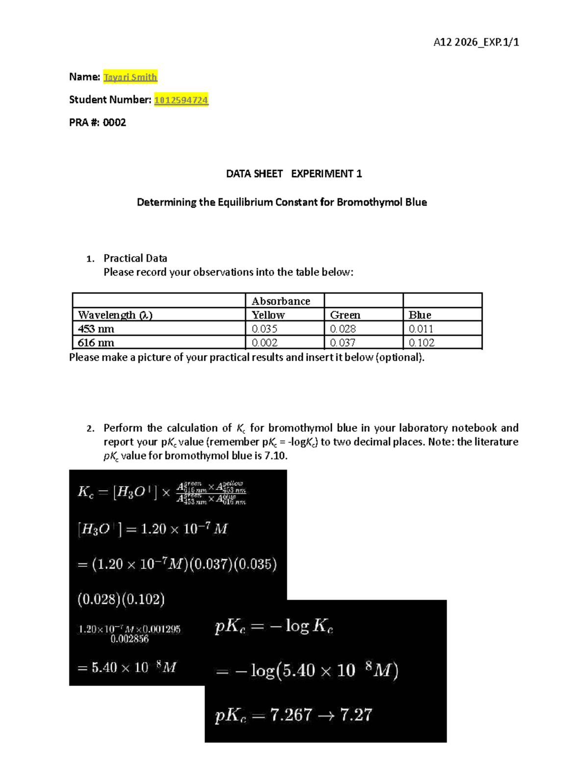 A12: EXP 1 Data Sheet - Equilibrium Constant for Bromothymol Blue - Studocu