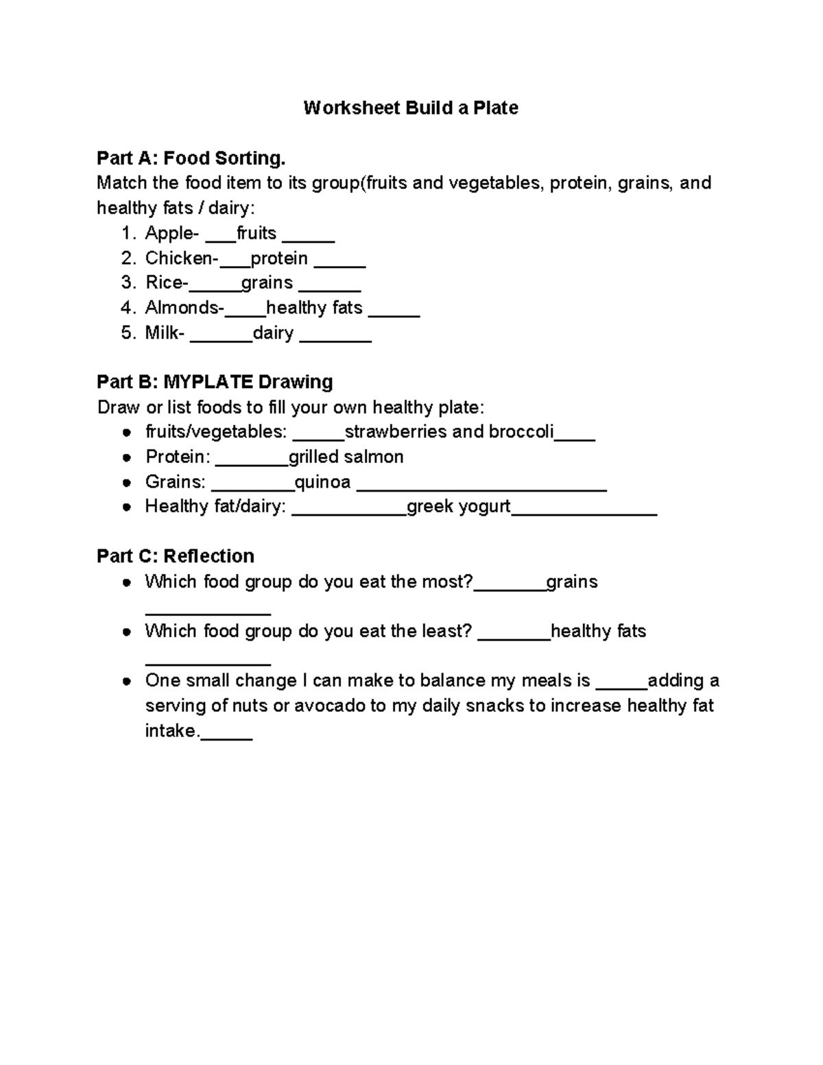 Copy of Worksheet Build a Plate - Worksheet Build a Plate Part A: Food ...