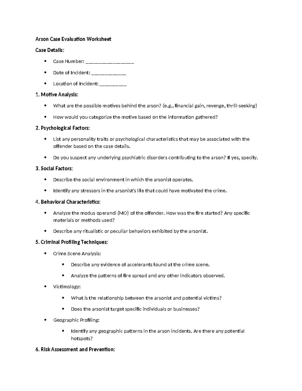 Arson Case Evaluation Worksheet - Motive Analysis: What are the ...
