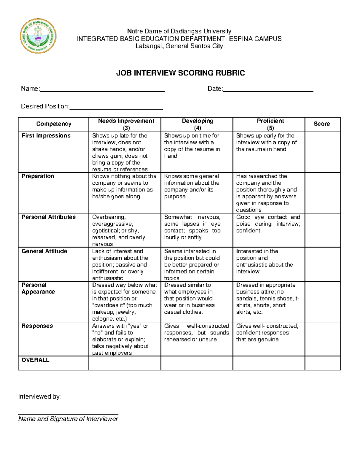 Rubrics-Job Interview - Notre Dame of Dadiangas University INTEGRATED ...