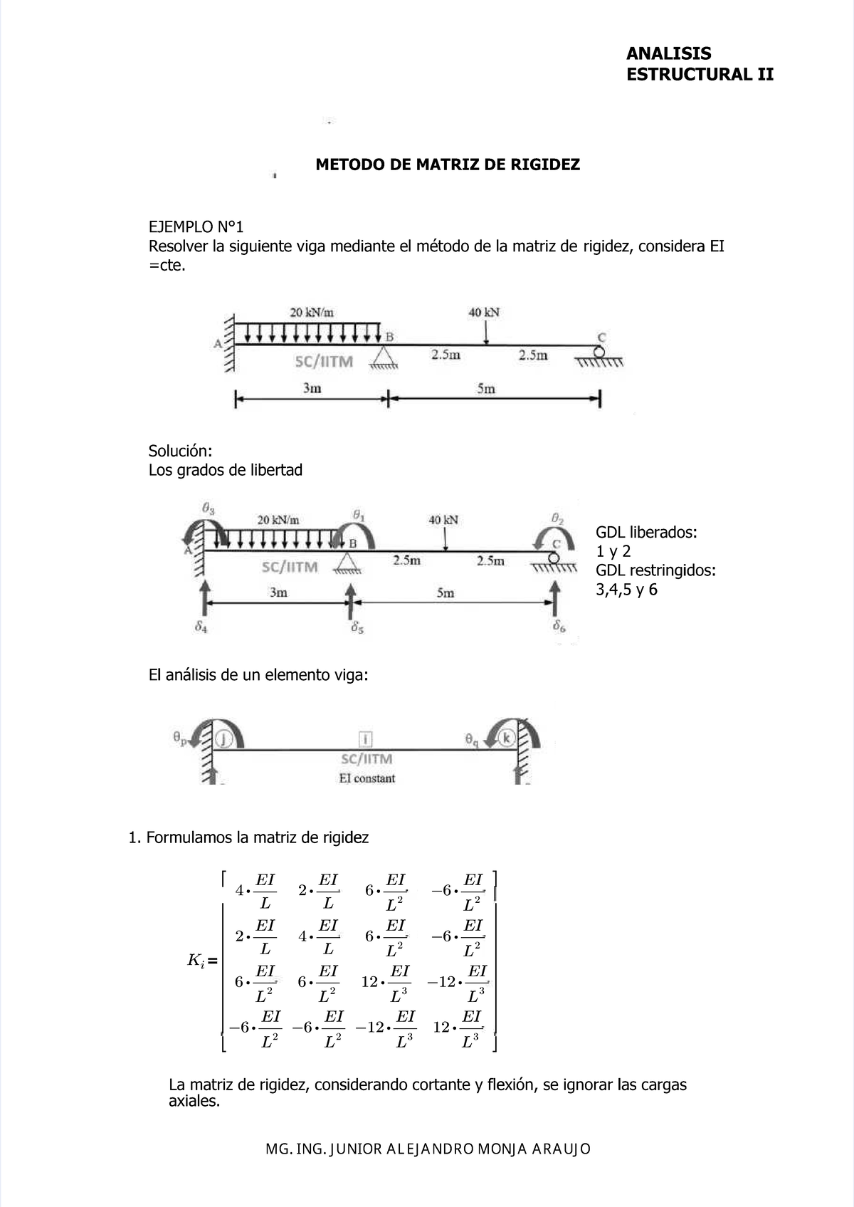 ANÁLISIS ESTRUCTURAL II - MÉTODO DE MATRIZ DE RIGIDEZ: EJEMPLO N°1 - Studocu