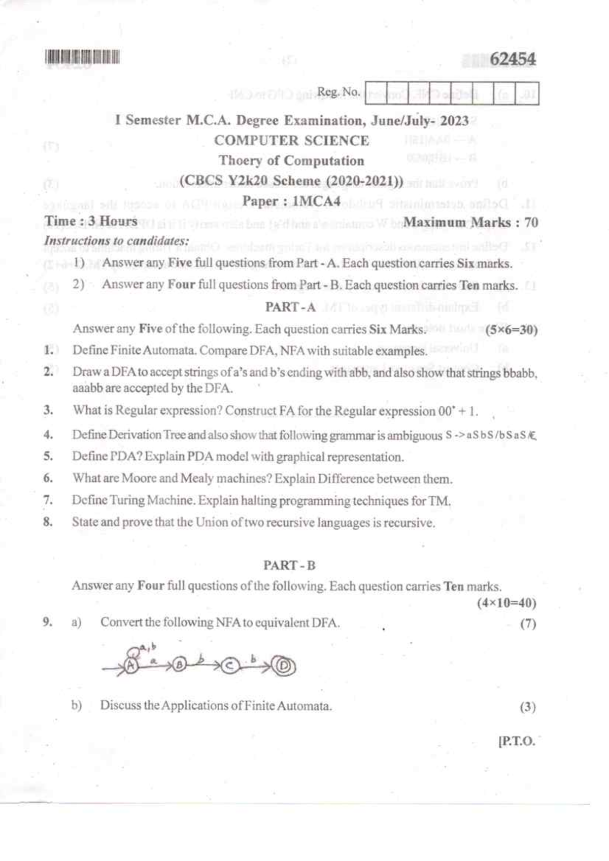 62454 I Sem M.C.A. Theory of Computation Exam Notes 2023 - Studocu