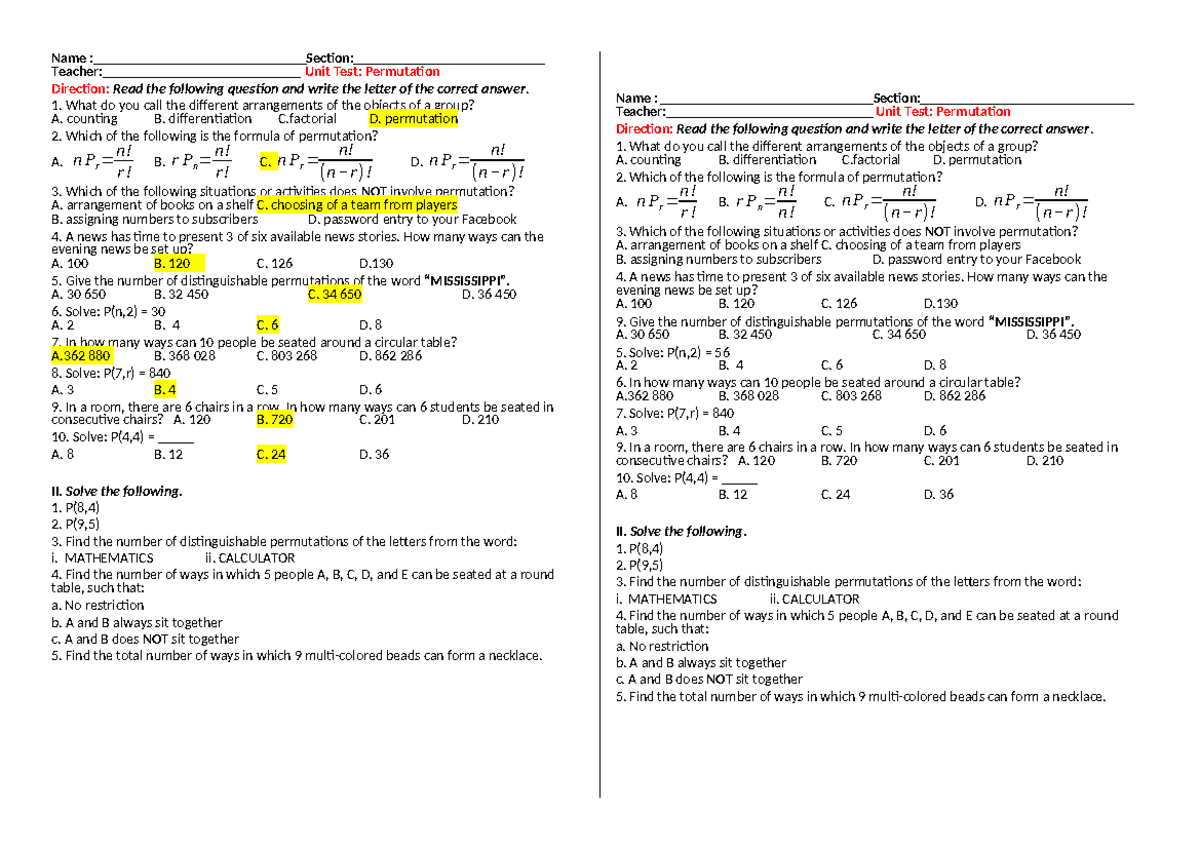 Pilot Section Answer Sheet (UNIT TEST)docx - Name ...
