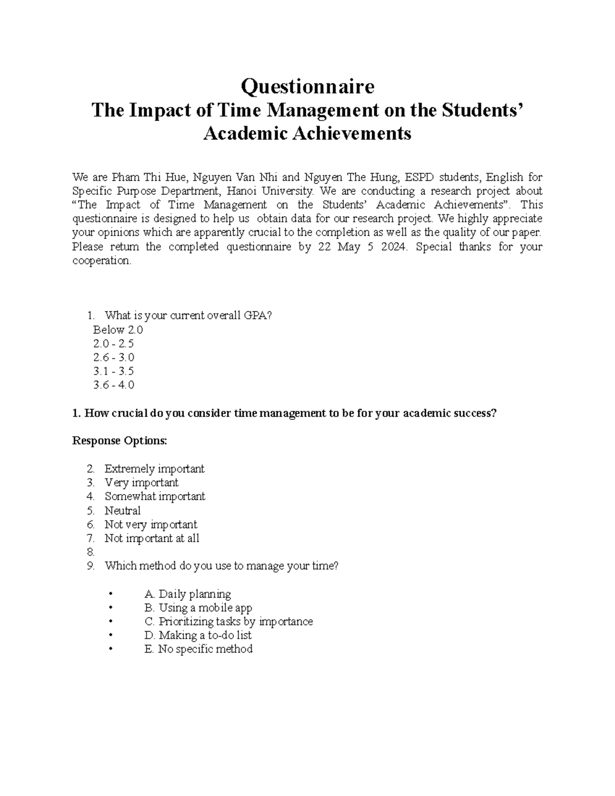 Questionnaire: The Impact of Time Management on Academic Success - Studocu