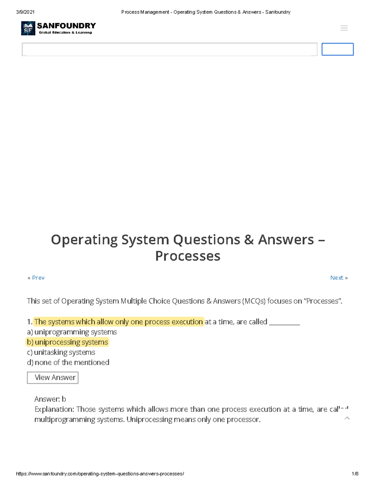 Memory Management - Operating System Questions & Answers - Sanfoundry - « Prev Next » Operating ...