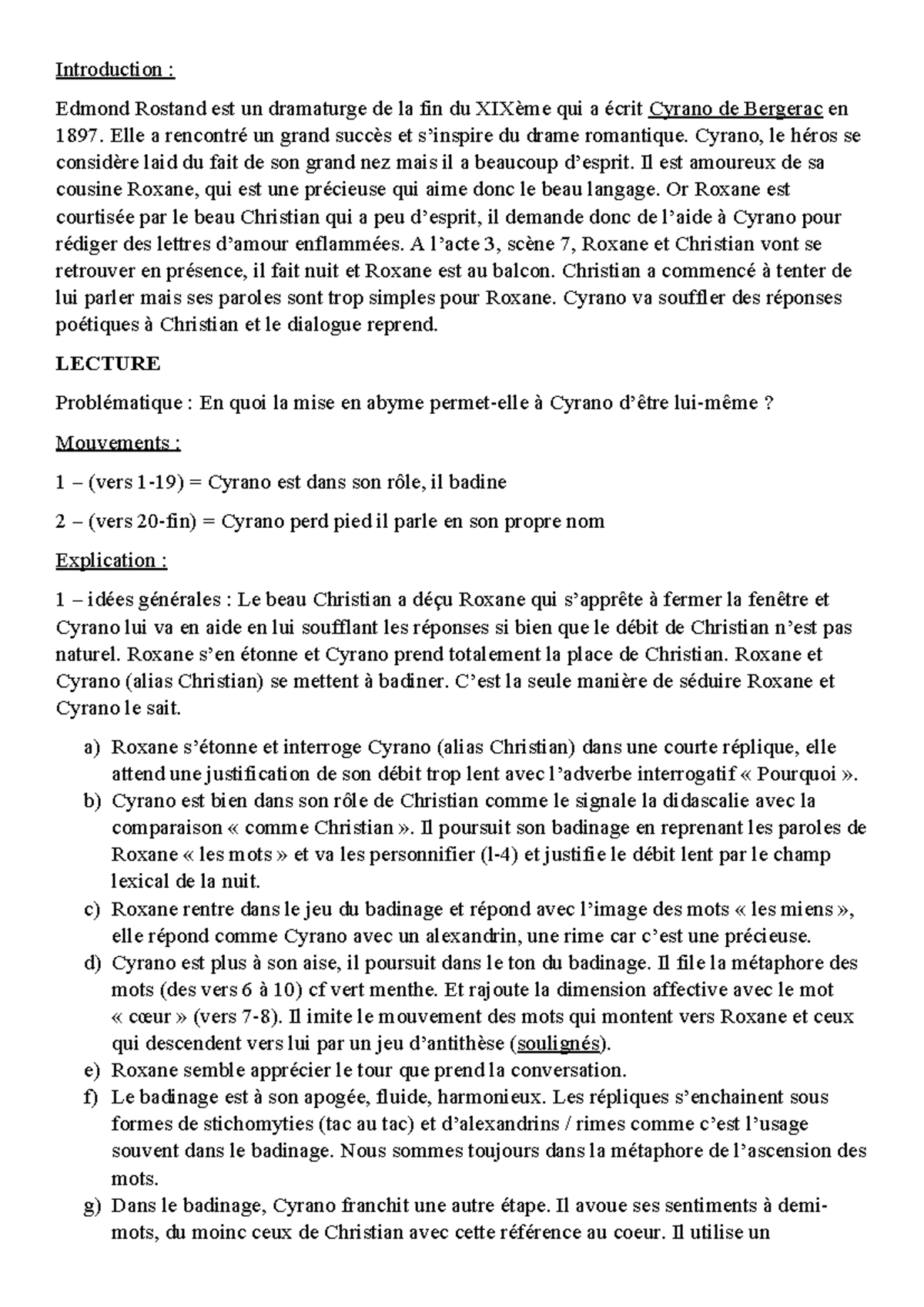 E4 - Analyse de la Scène du Balcon dans Cyrano de Bergerac - Studocu