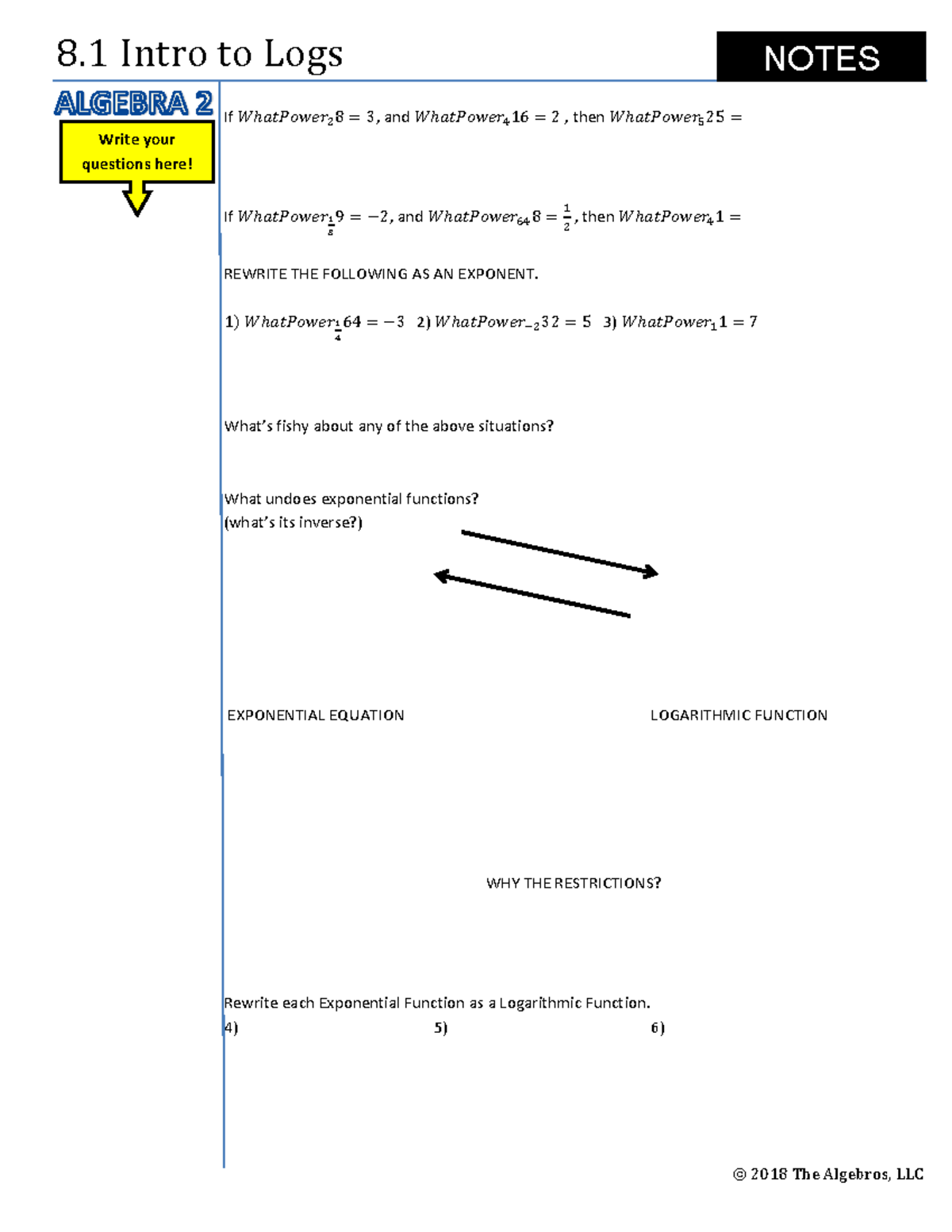 A2CC Unit 8: Logarithmic Functions & Exponential Equations Notes - Studocu