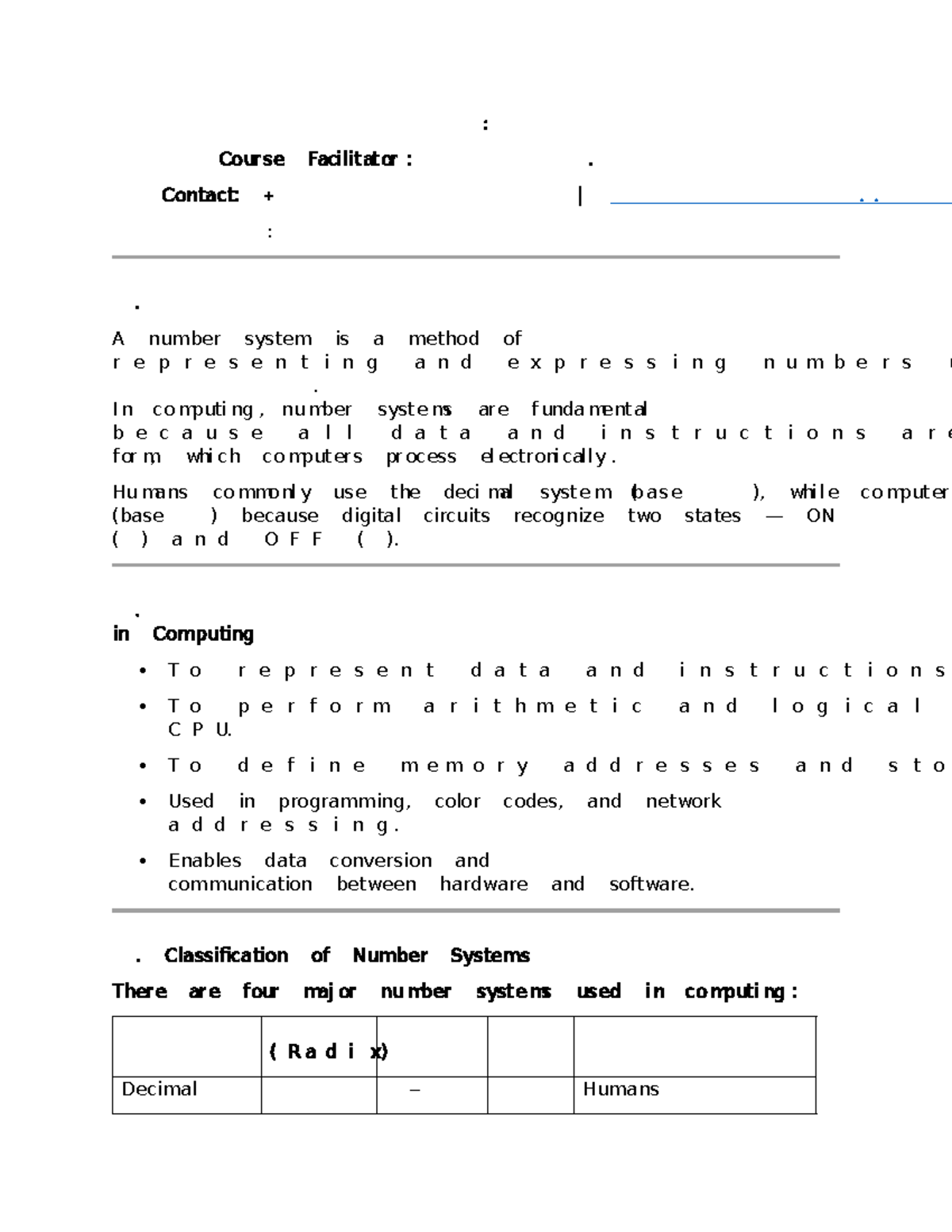 WEEK 5 Notes: Introduction to Number Systems in Computing - Studocu