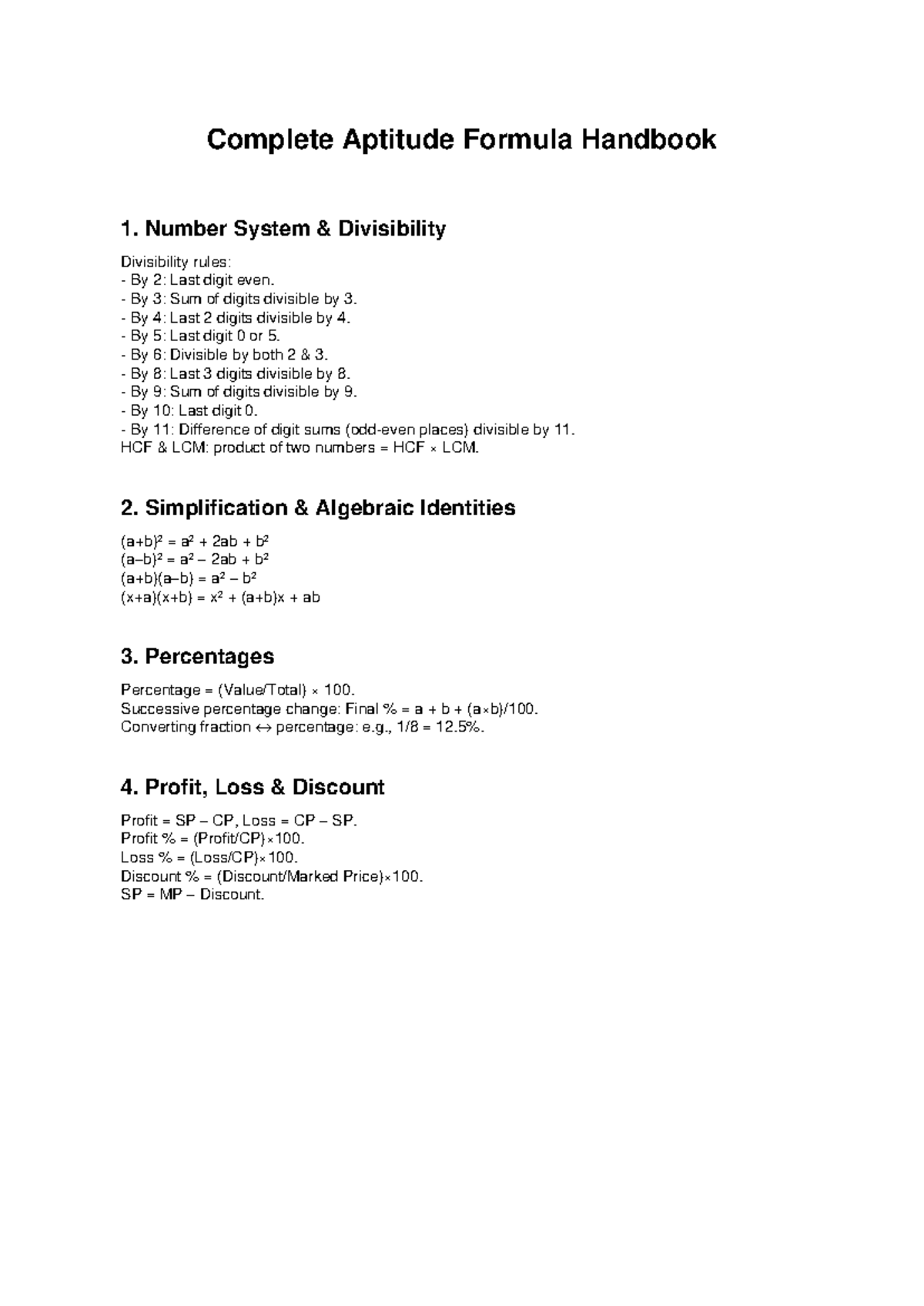 Aptitude Formula Handbook: Number System & Key Concepts - Studocu