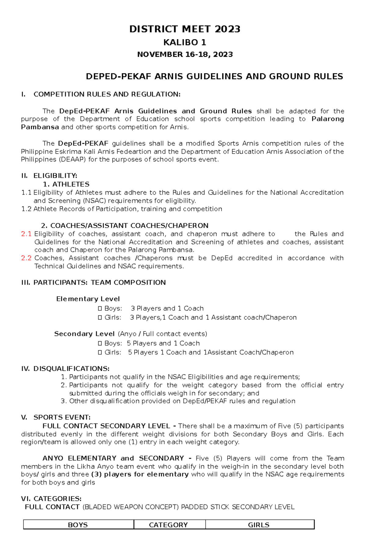 ARNIS-GUIDELINES FOR DEPED-PEKAF DISTRICT MEET 2023 - Studocu