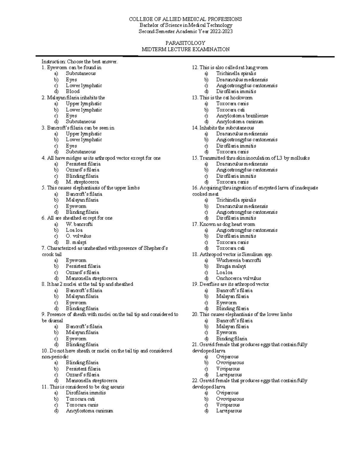 Parasitology LEC Midterm Summer Q - COLLEGE OF ALLIED MEDICAL ...