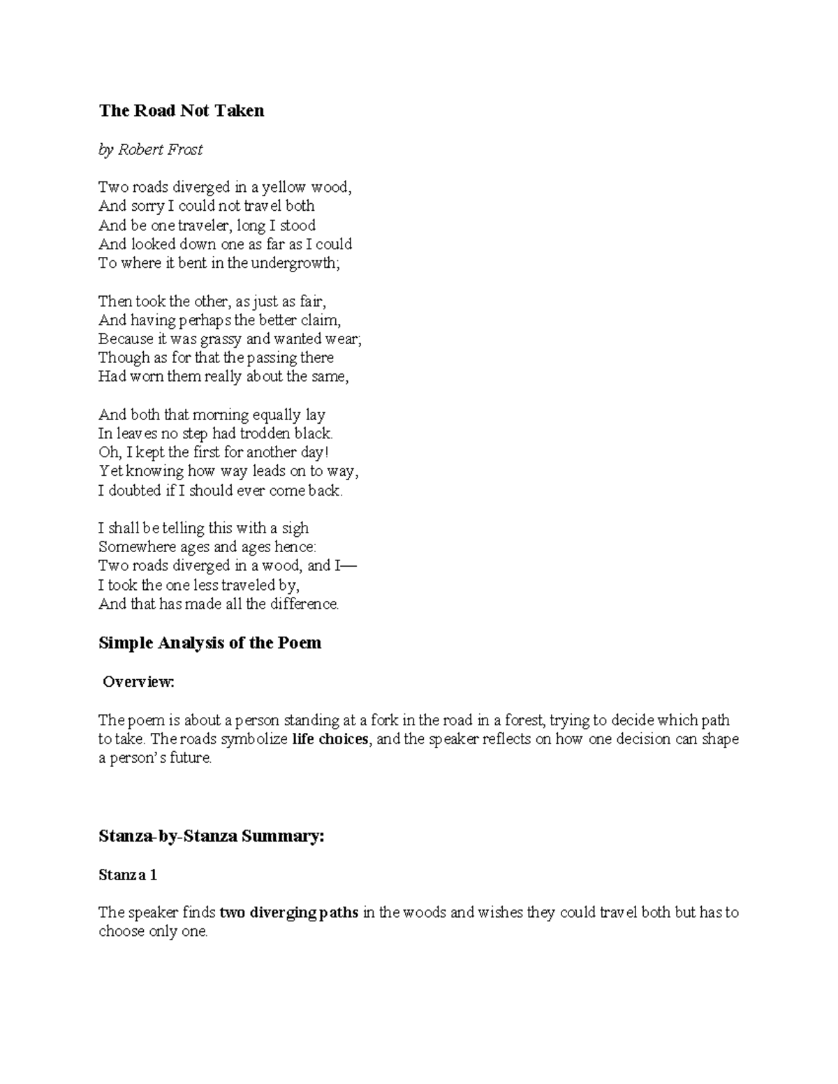 Q1 - Analysis of "The Road Not Taken" by Robert Frost - Studocu