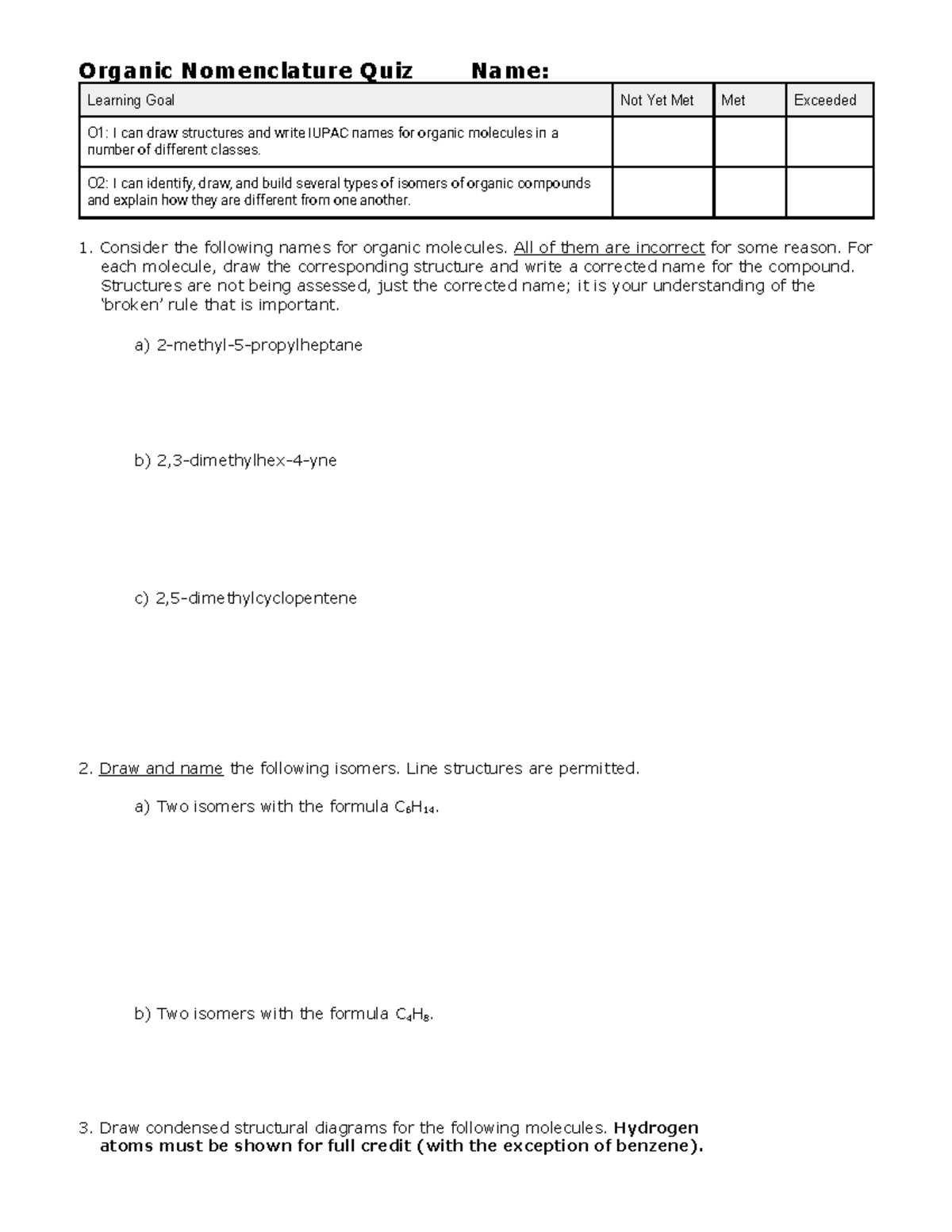 Organic Nomenclature Quiz: IUPAC Naming & Isomer Identification - Studocu
