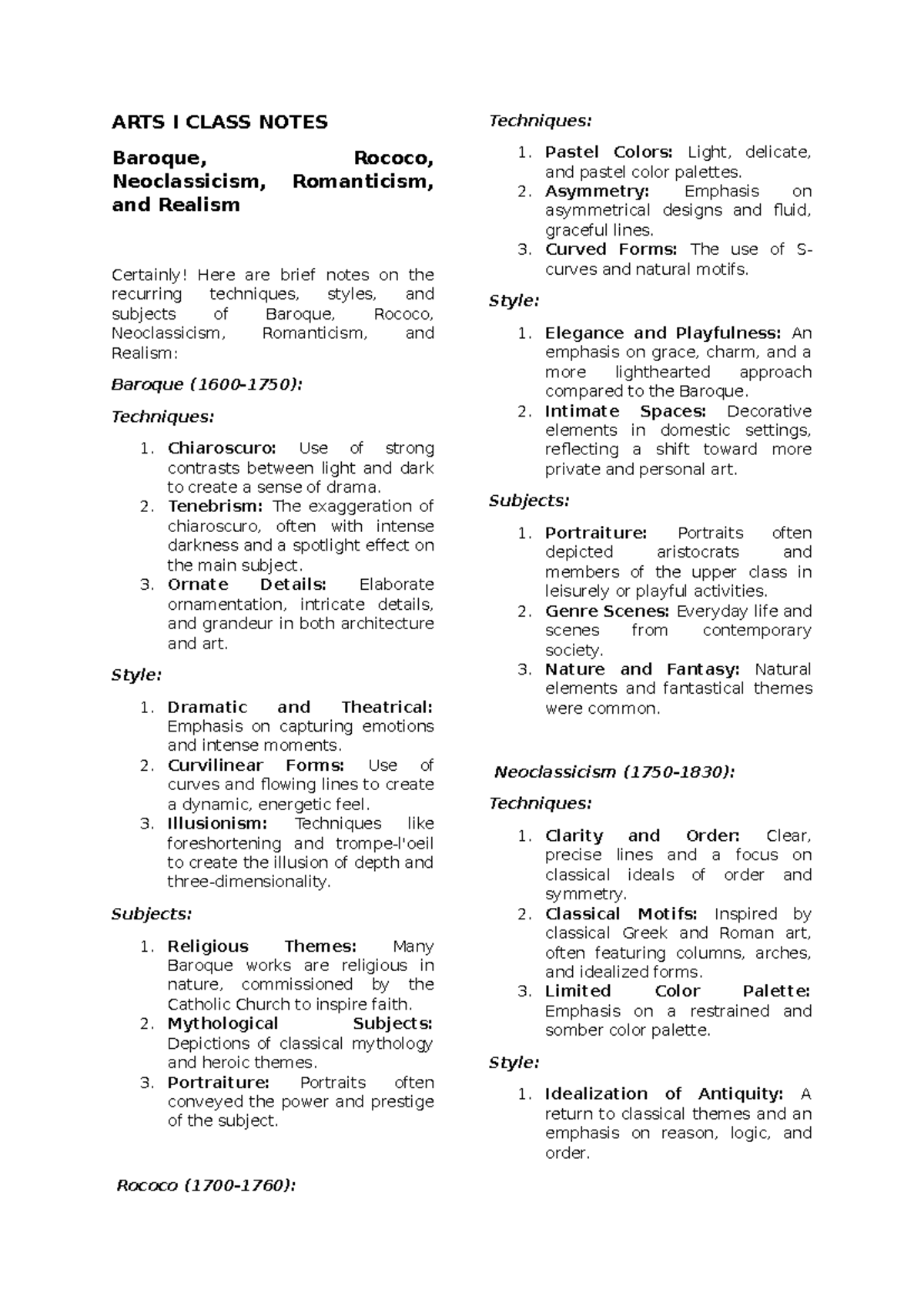 ARTS I Class Notes: Overview of Baroque, Rococo, Neoclassicism ...