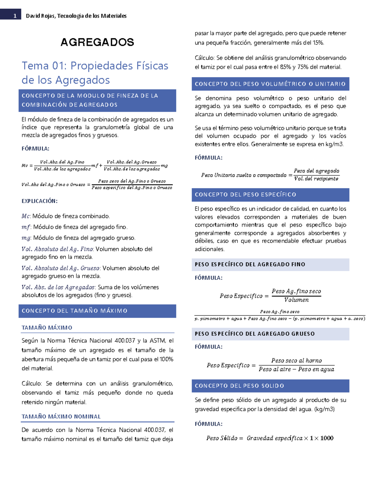 Formulas y Conceptos Clave sobre Agregados en Materiales - TEC 101 - Studocu