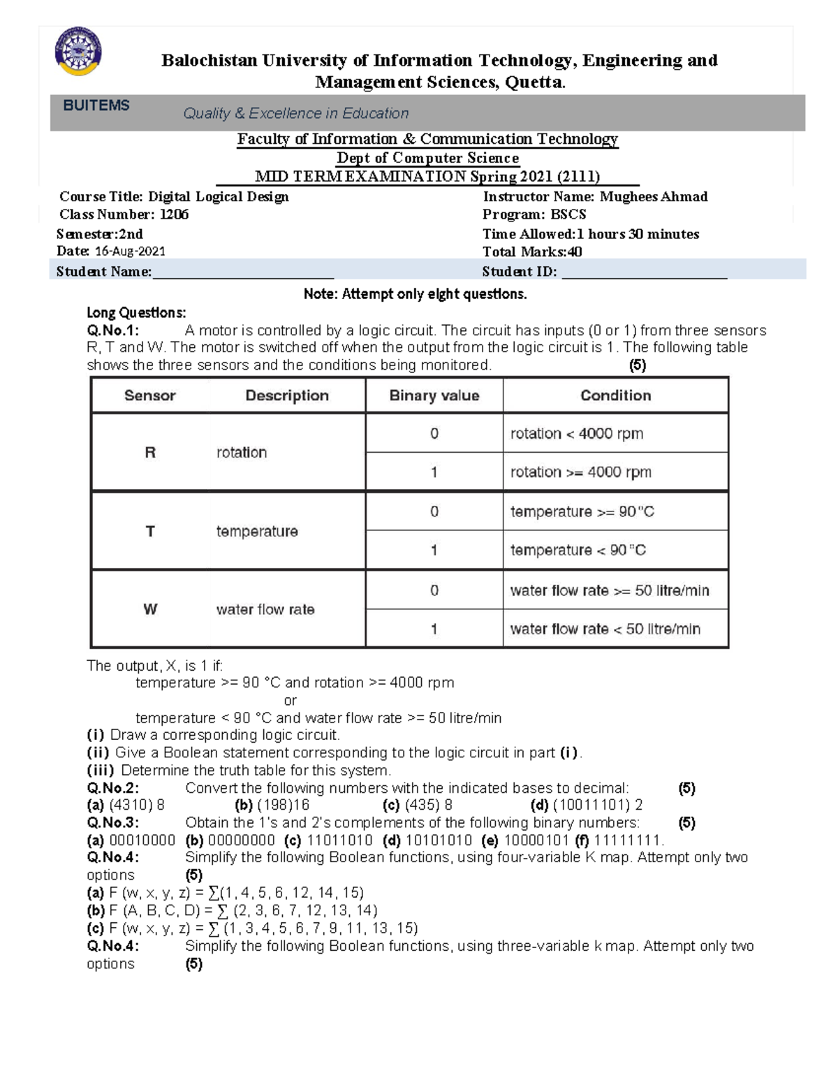 Digital Logic Design Midterm Exam (Course Code: 2111) - Fall 2021 - Studocu