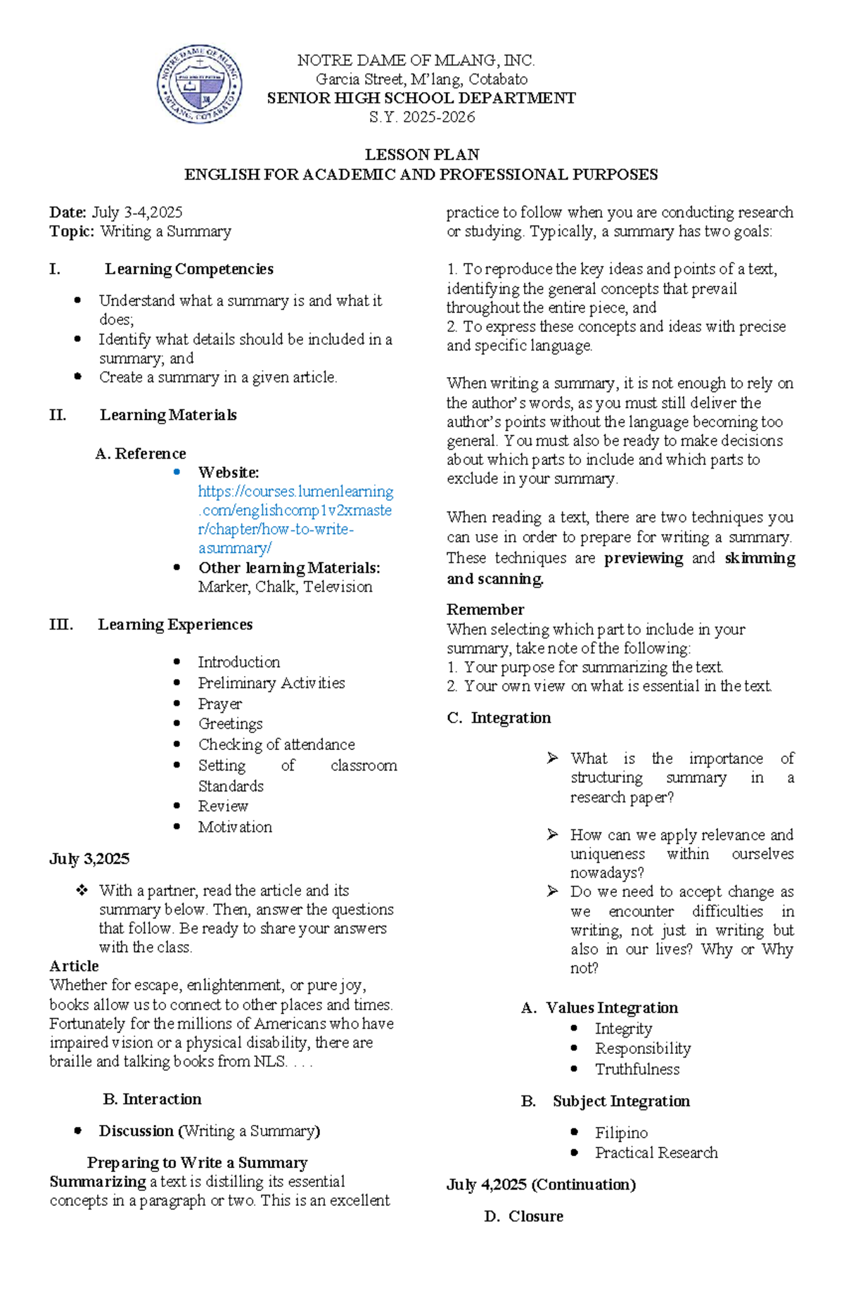 Lesson Plan: Writing a Summary - EAPP 11 S.Y. 2025 - Studocu