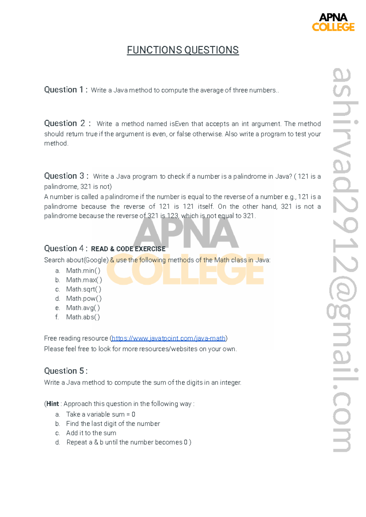 Java Functions Questions for Programming Course (CS101) - Studocu