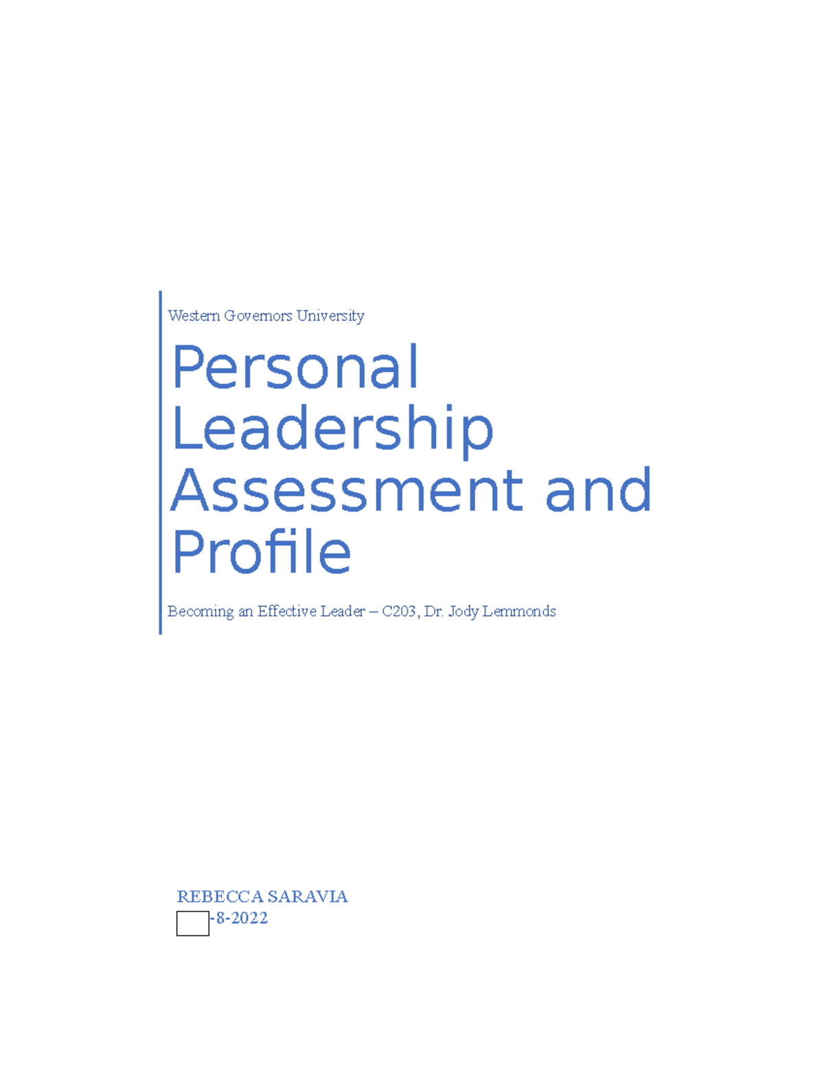 Personal Leadership Profile C203 Task 1 - REBECCA SARAVIA -8- Western ...