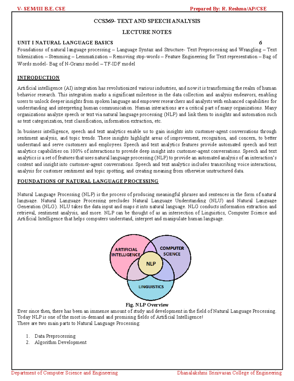 Text and Speech Analysis Lecture Notes - CCS369 Unit 1 Insights - Studocu