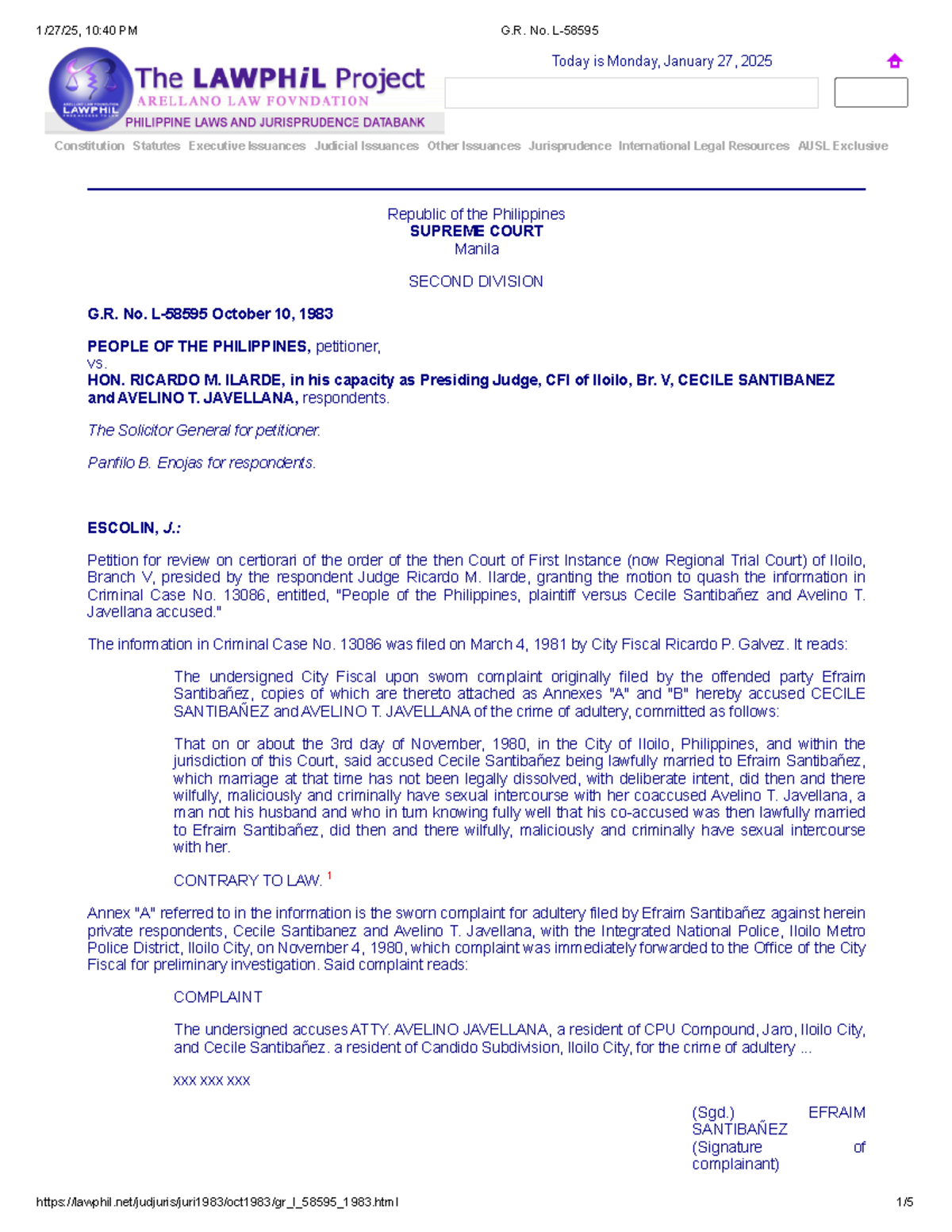 People vs. Ilarde, G.R. No. L-58595: Review of Adultery Case (1983 ...