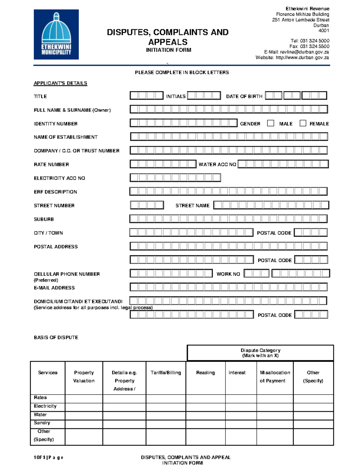 Ethekwini Revenue Dispute Complaints Appeals Initiation Form - Studocu