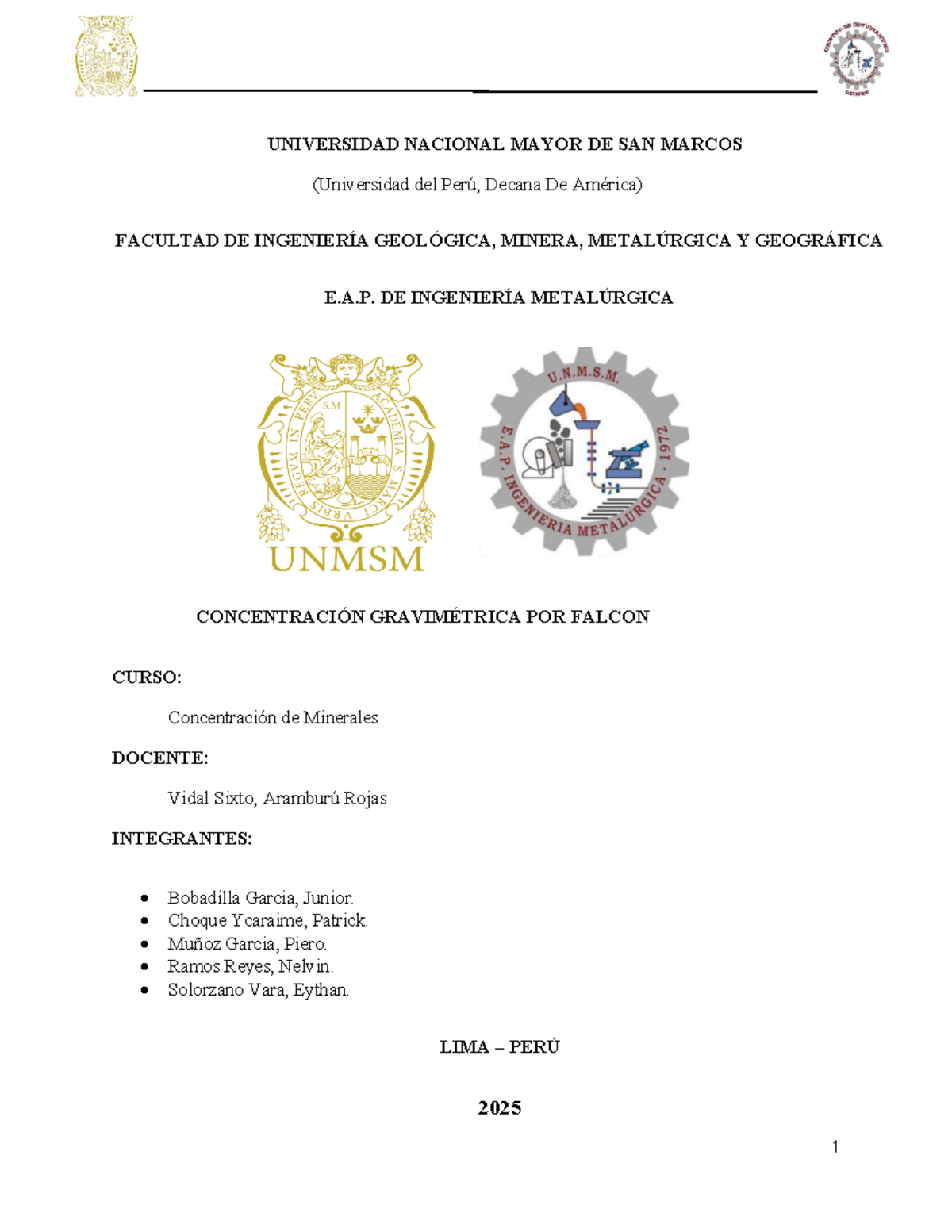 Informe 01 - Concentración Gravimétrica por Falcon (ING-2025) - Studocu