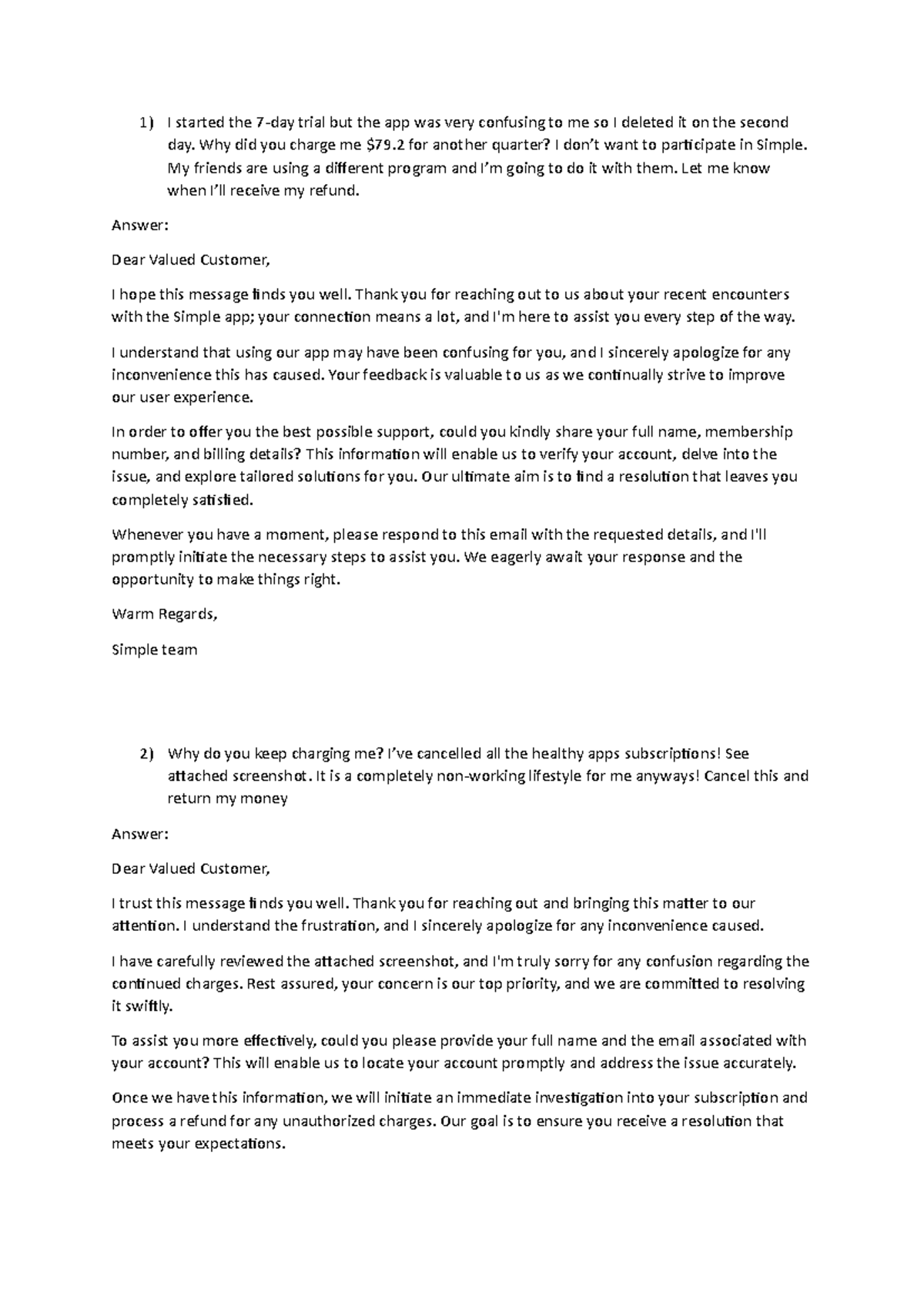 Response to Customer Queries on App Charges & Refunds - Studocu