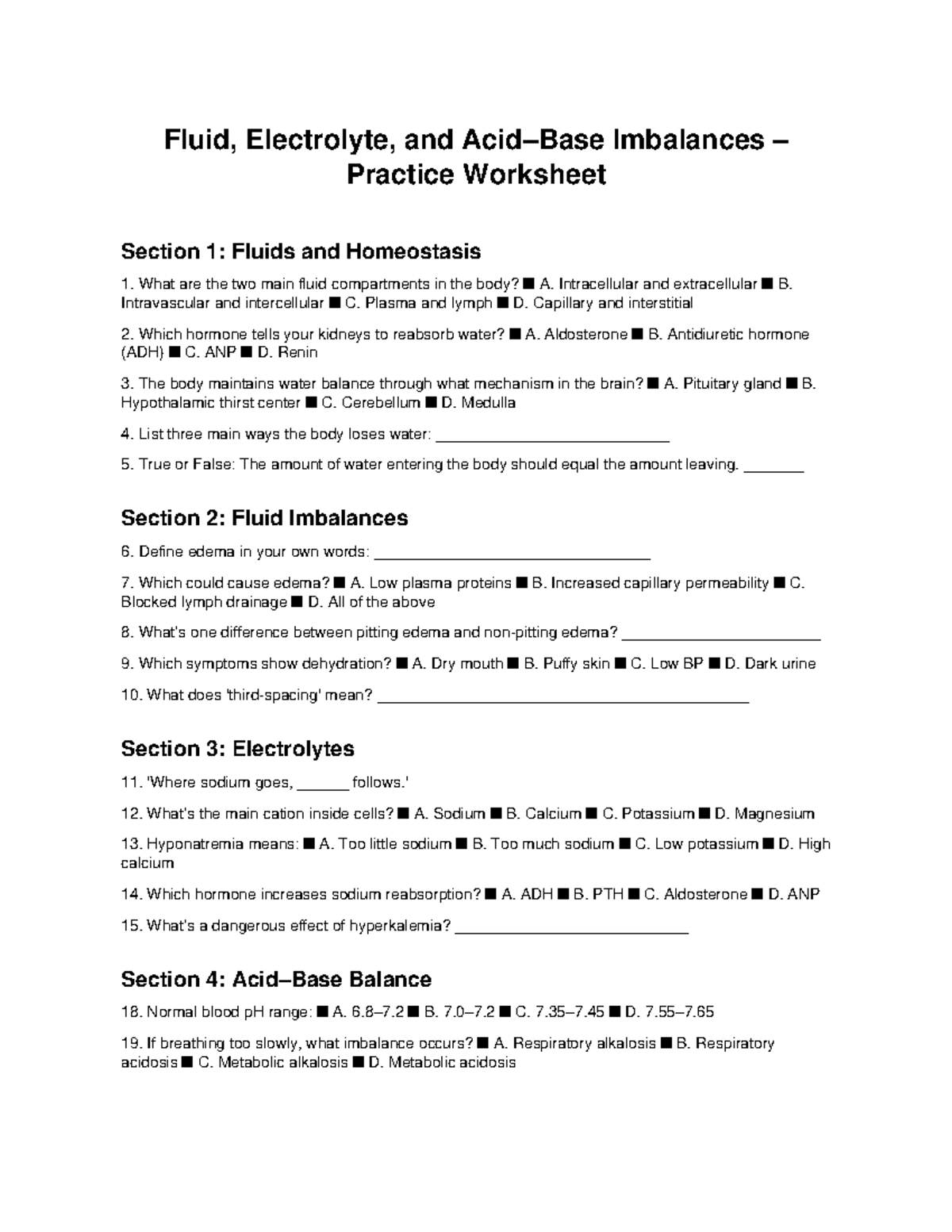 Fluid & Electrolyte Imbalances Practice Worksheet - Studocu