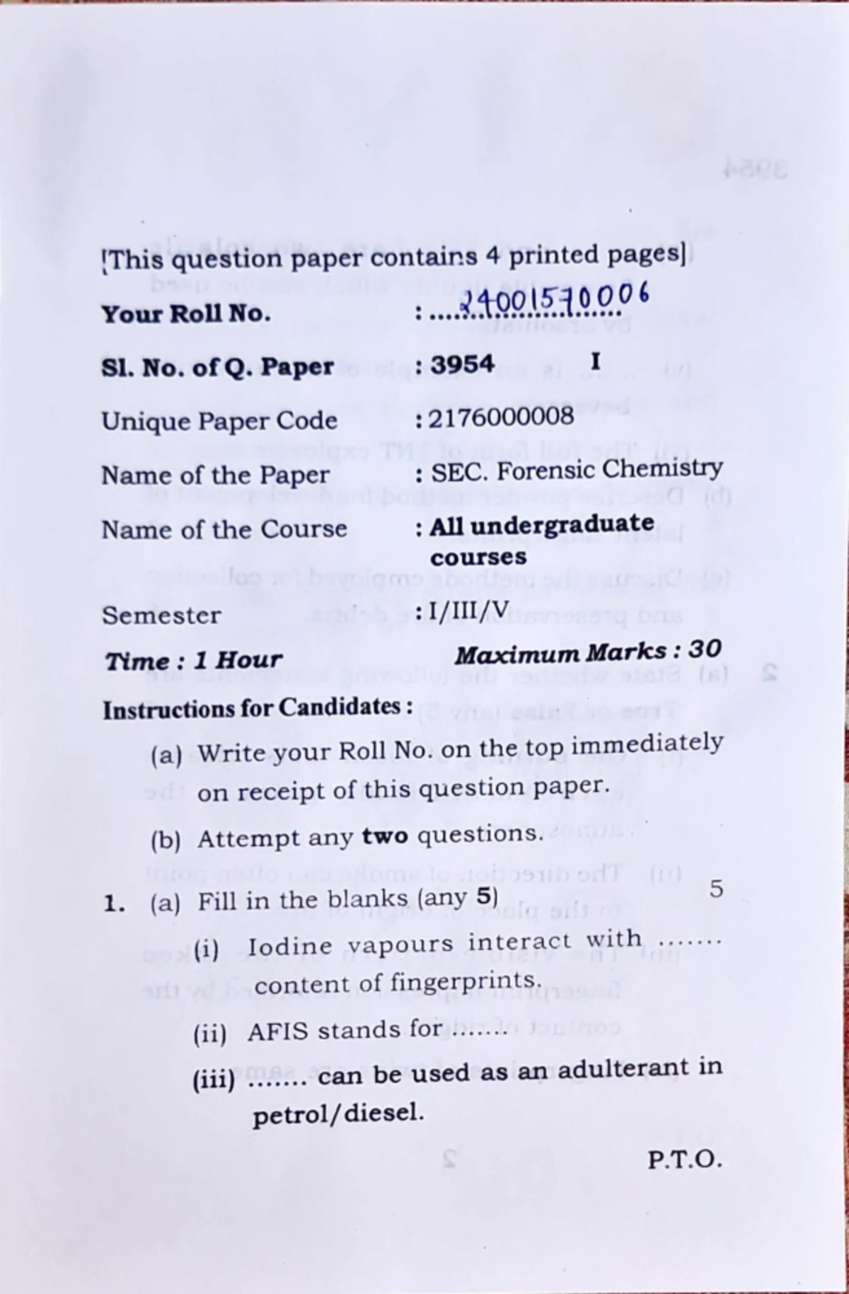 SEC-Forensic Chemistry Sem 1: Question Paper 3954 - Studocu