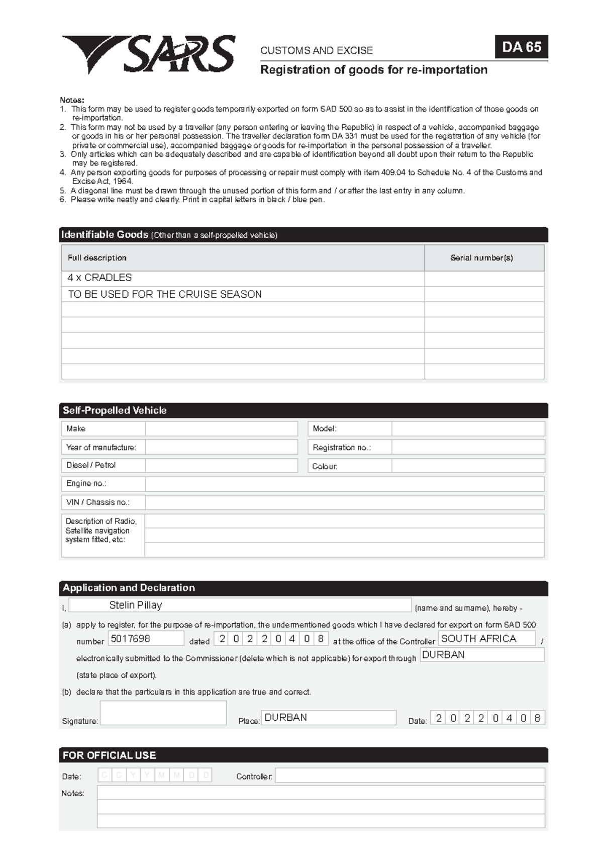 Customs DA 65 Form for Registration of Goods for Reimportation - Studocu