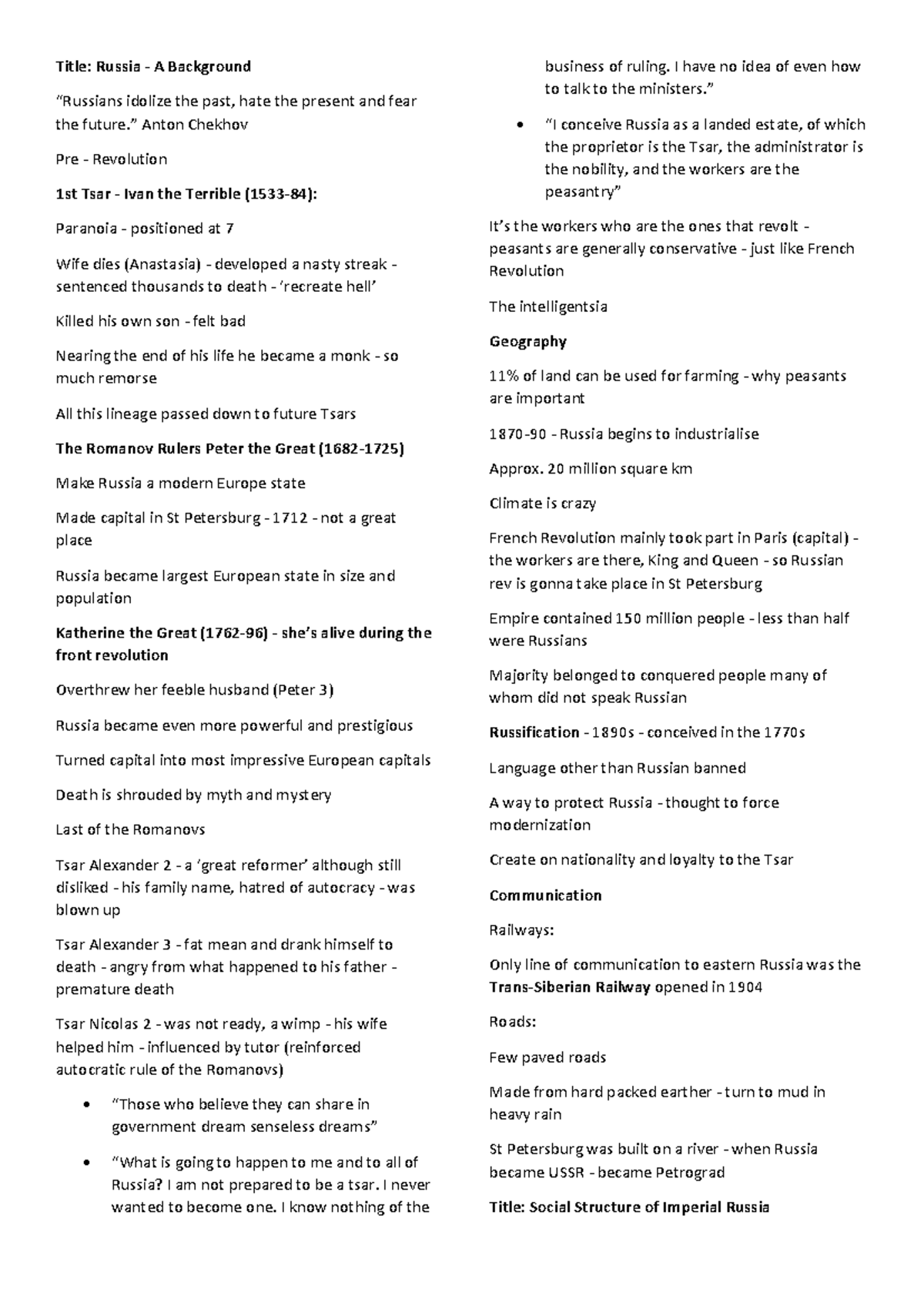 Title: Russia History Notes: Tsarist Autocracy and Revolutionary Change ...