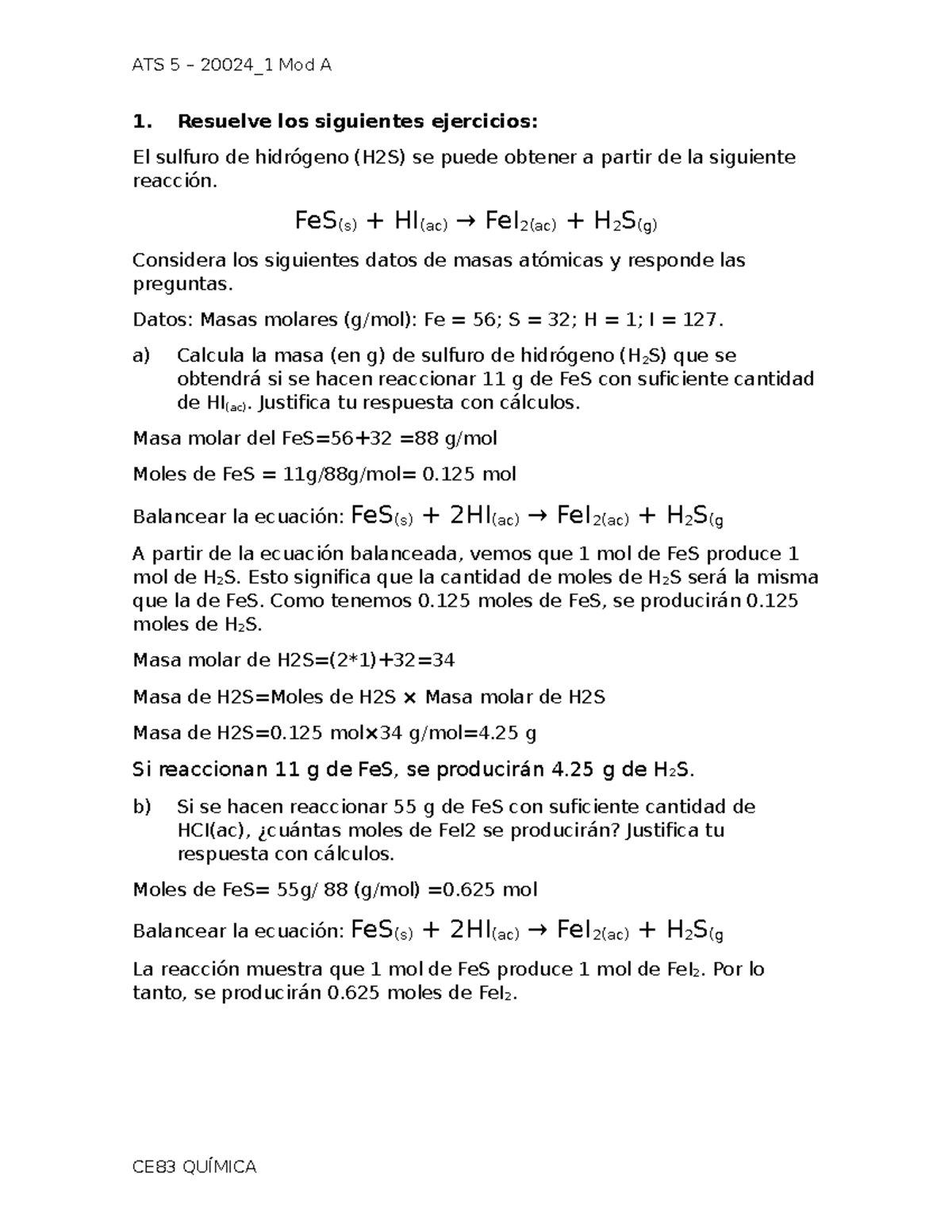 ATS5 - Ejercicios de Química: Reacciones de FeS y H₂S - Studocu