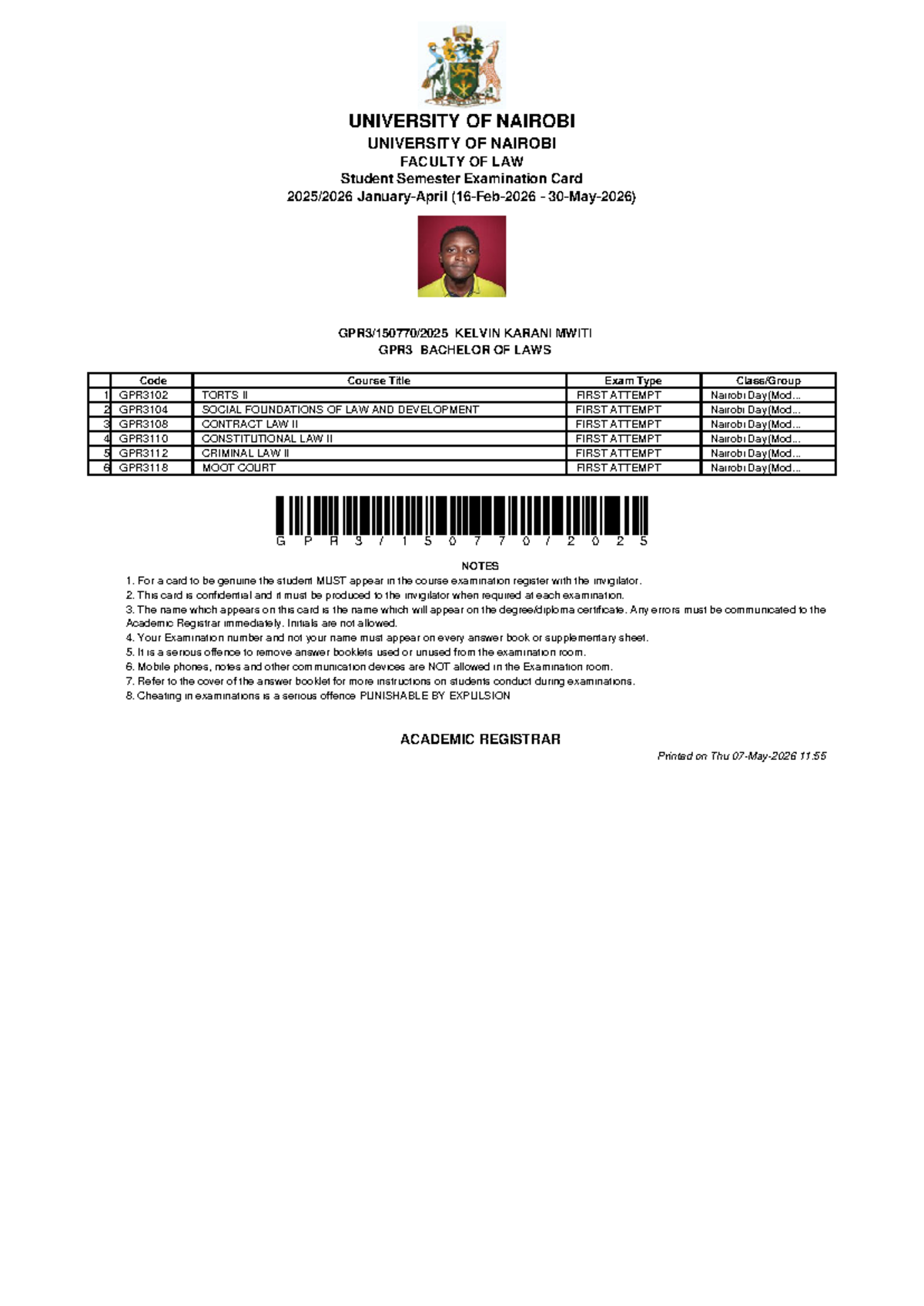 GPR3 Semester Exam Card for Kelvin Karani Mwiti - 2025 - Studocu