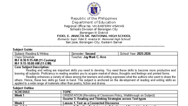 Subject Guide: Reading and Writing (2nd Sem) - Fidel E. Anacta Sr. HS ...