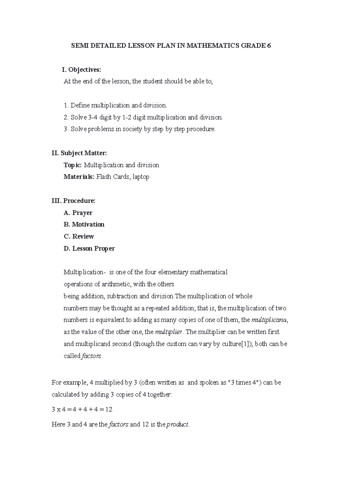 SEMI DETAILED LESSON PLAN FOR GRADE 6 MATHEMATICS: MULTIPLICATION ...