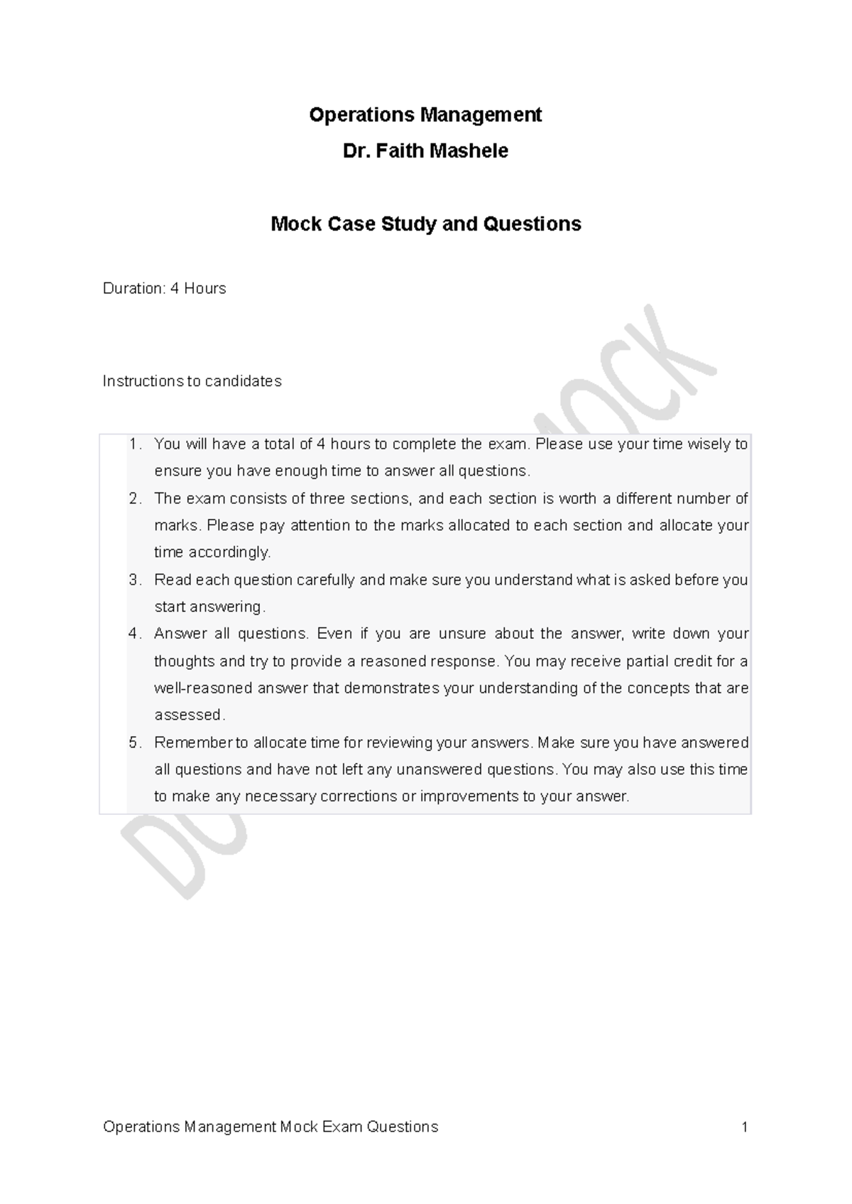 Operations Management Mock Case Study & Exam Guide - Studocu