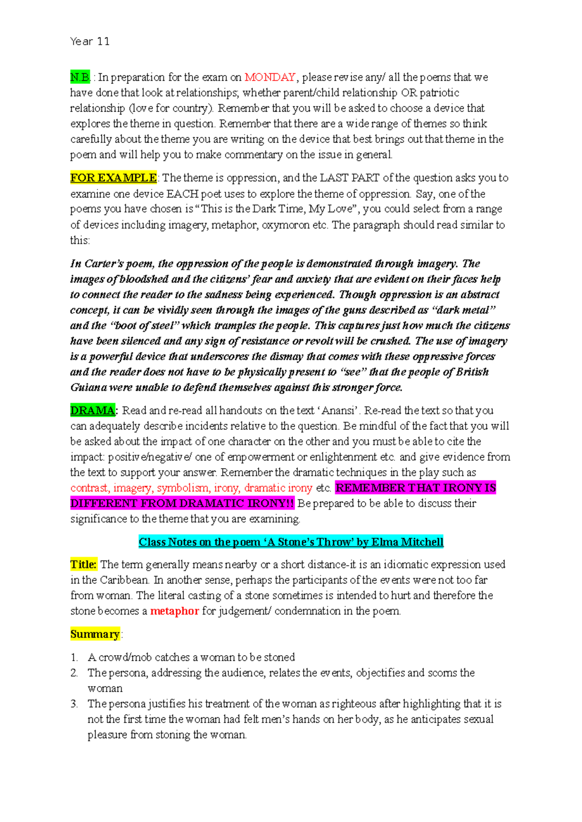 Year 11 Class Notes: Analyzing "A Stone's Throw" Poem Themes and ...