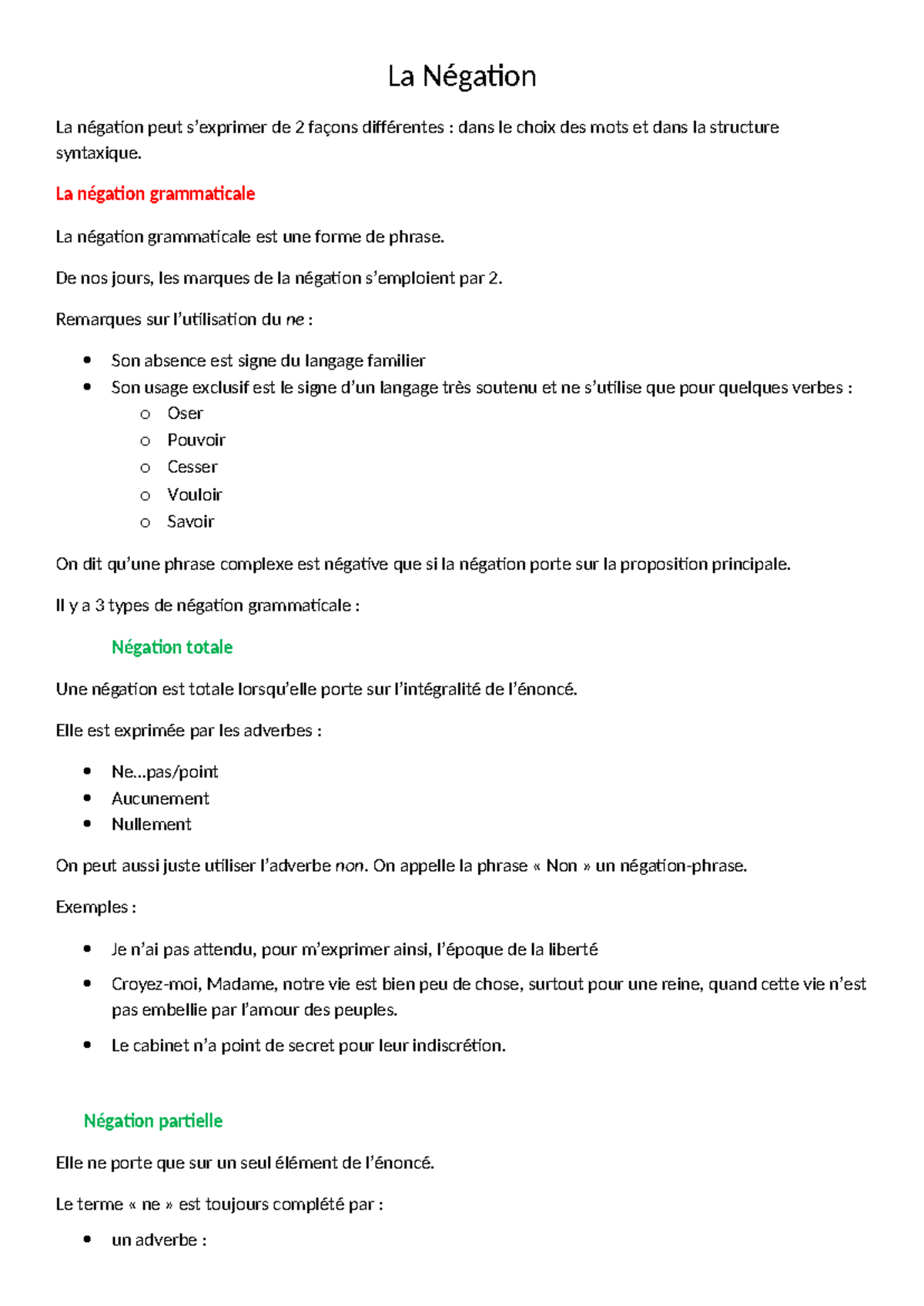 Étude sur La Négation en Grammaire Française : Types et Exemples - Studocu