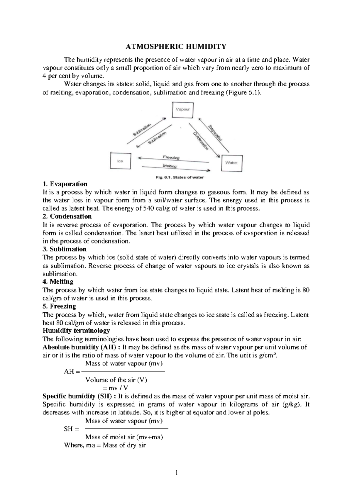Atmospheric Humidity: Key Concepts and Terminology Notes - Studocu