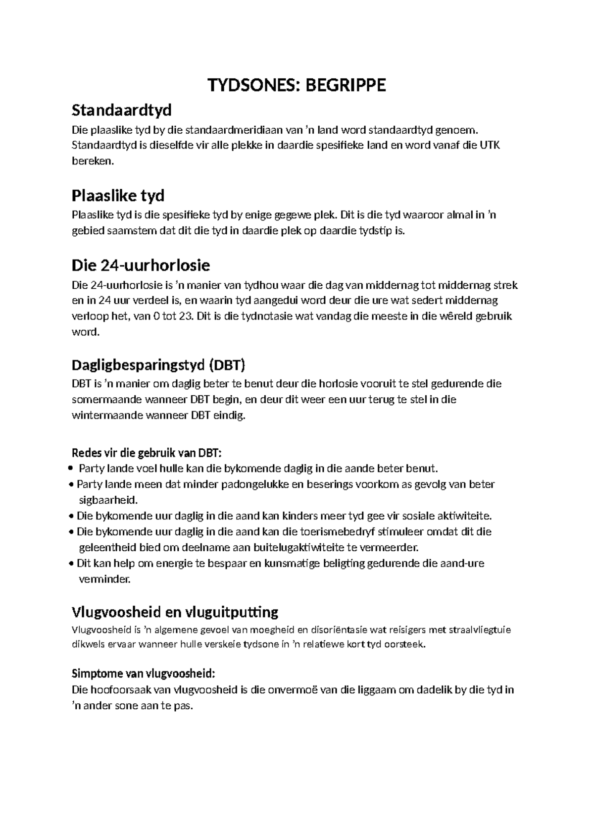 Tydsones Begrippe: Standaardtyd en Dagligbesparingstyd Notas - Studocu
