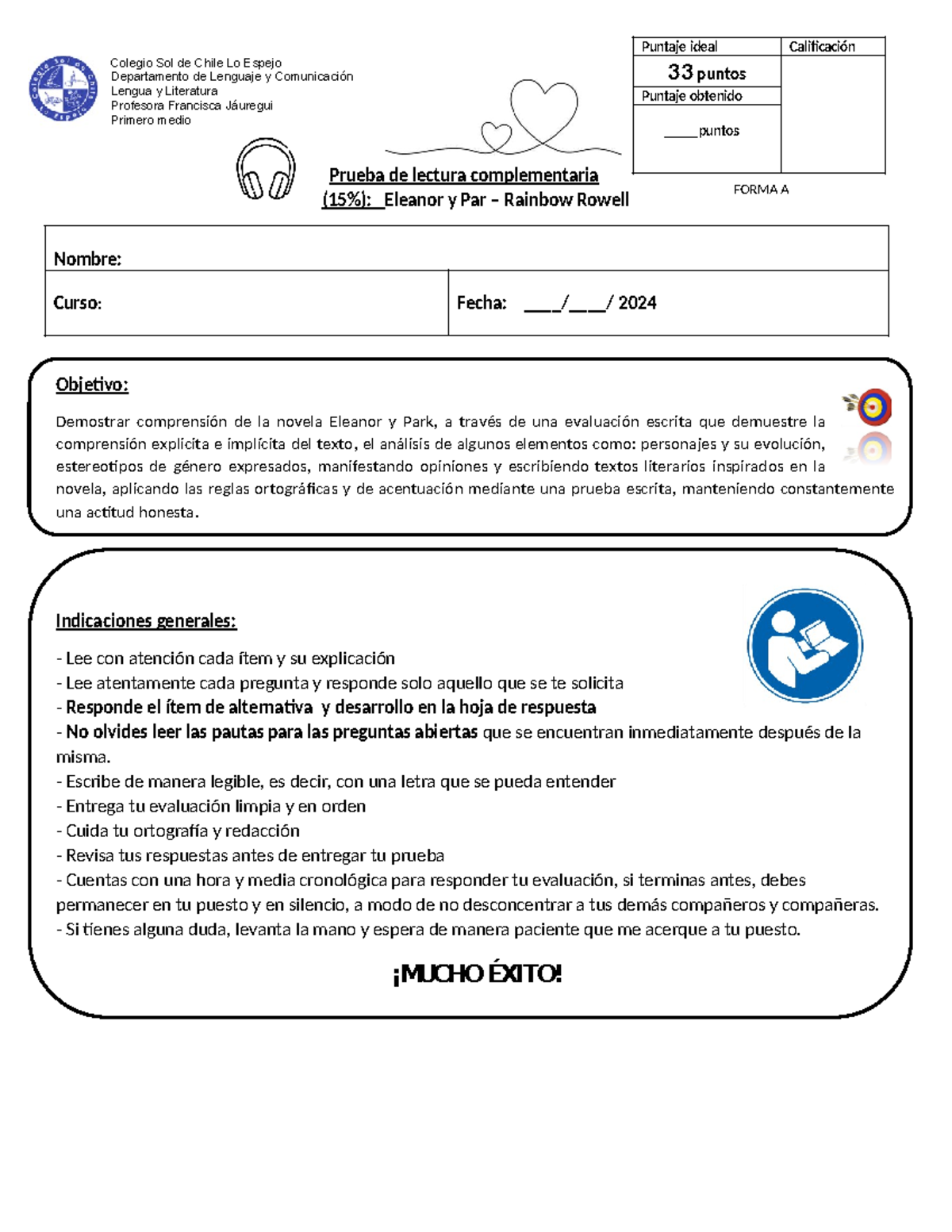 Prueba de Lectura Complementaria: Eleanor y Park - Primero Medio - Studocu