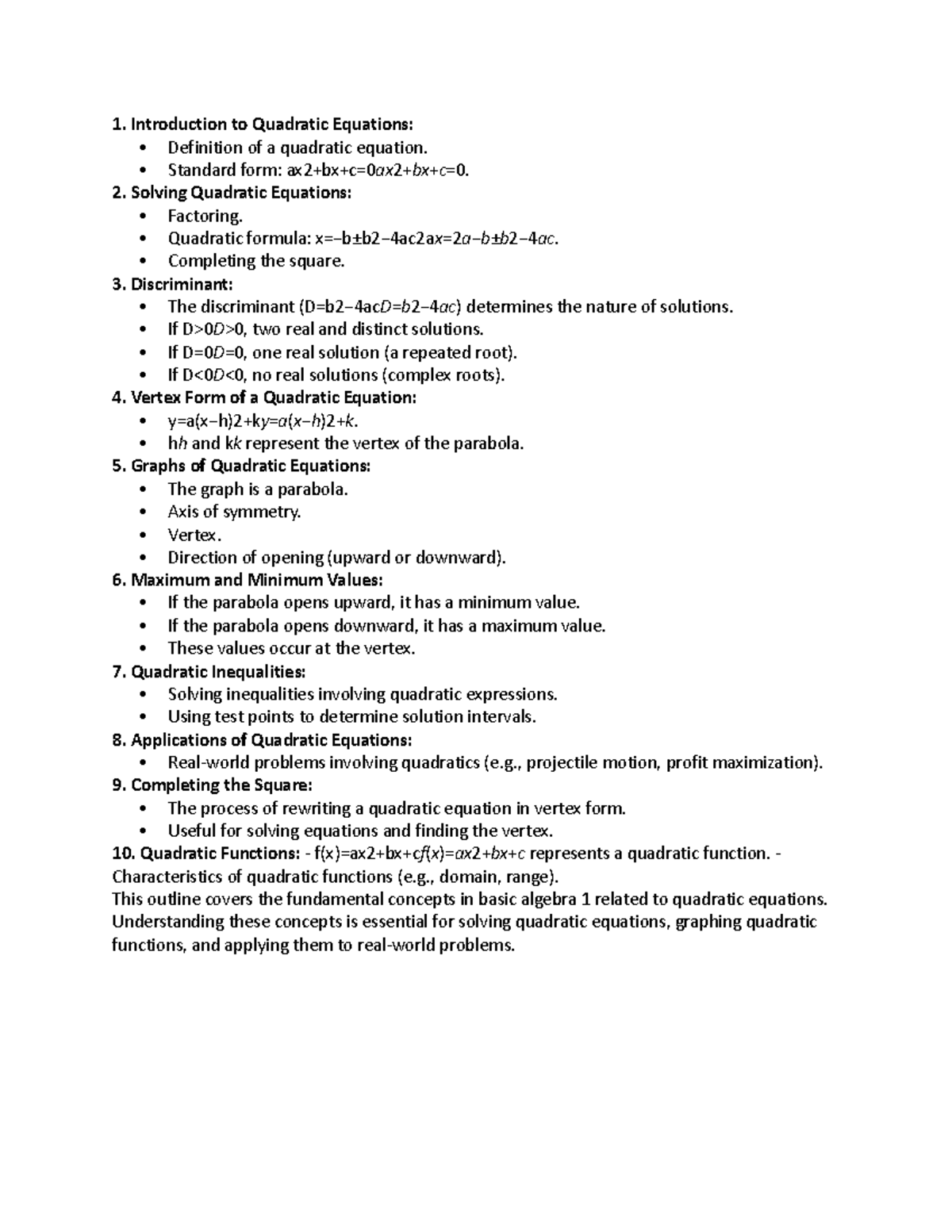 Algebra 1 - Notes Quadratic - Introduction to Quadratic Equations ...