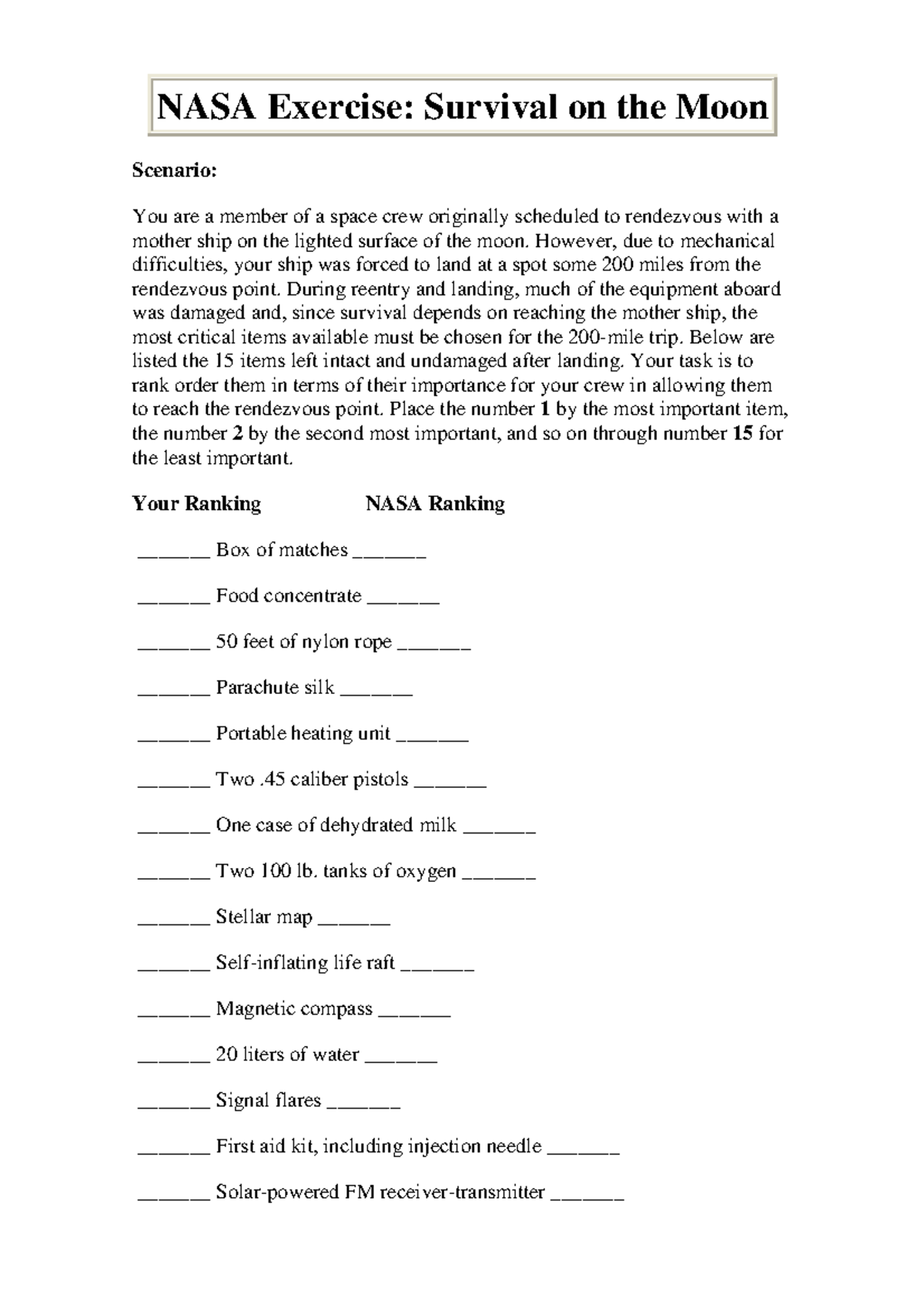 N M9g6v NASA Survival Exercise: Ranking Essential Items on the Moon ...
