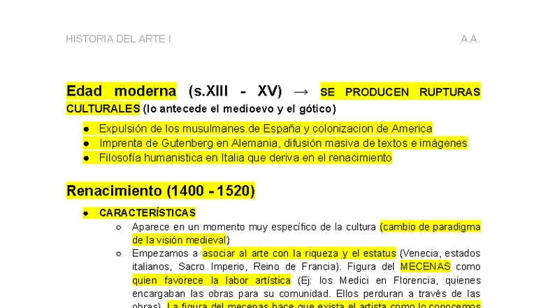 Resumen de la Historia del Arte A.A. - Edad Moderna y Renacimiento ...
