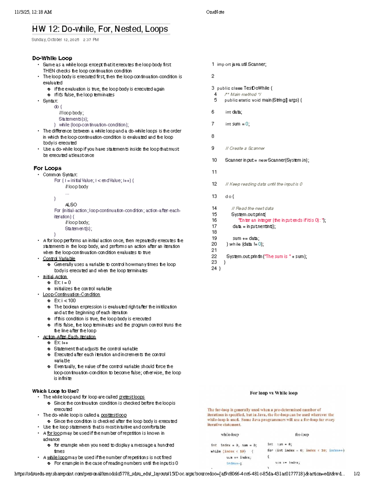 HW 12: Understanding Do-While, For, and Nested Loops in Java - Studocu