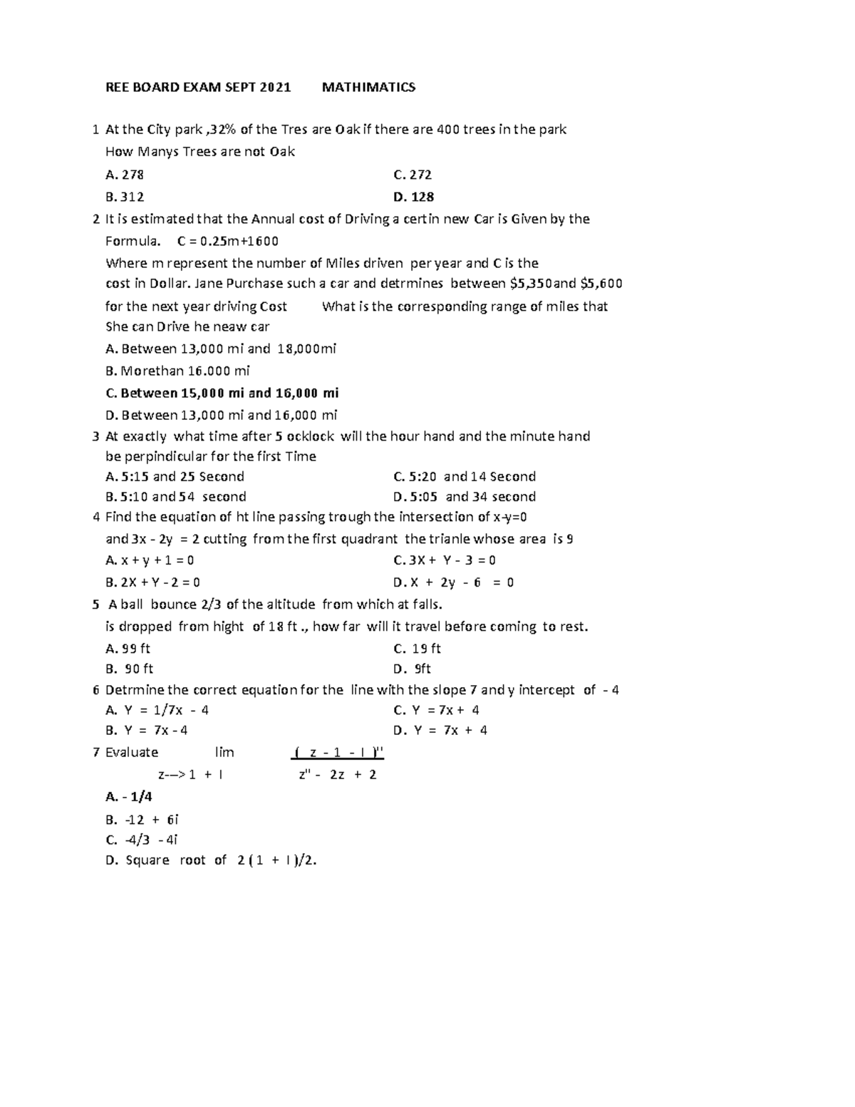 EE Board Exam Mathematics and ESAS September 2021 Solutions - Studocu
