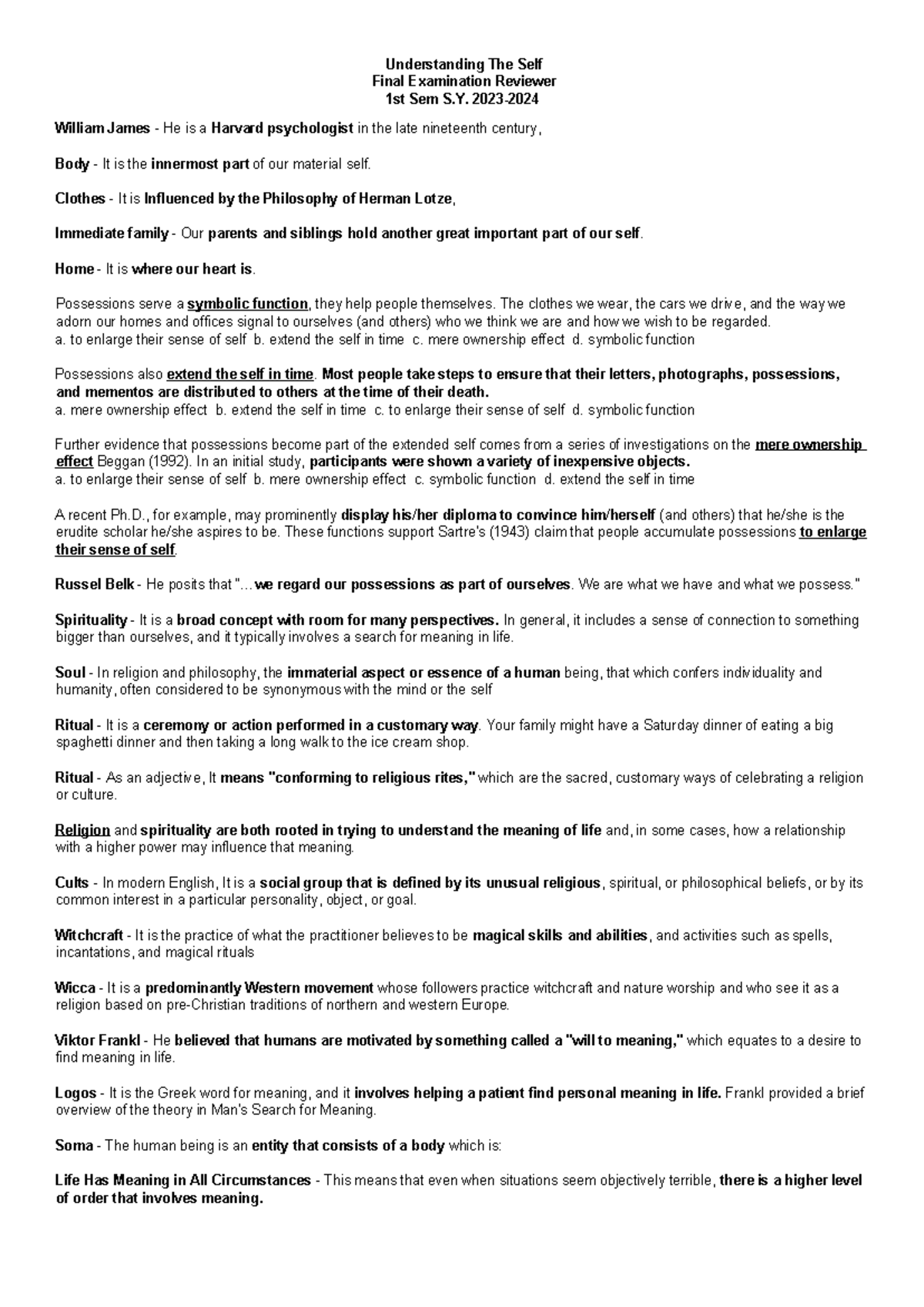 UTS Final Exam Reviewer - Understanding The Self Final Examination ...