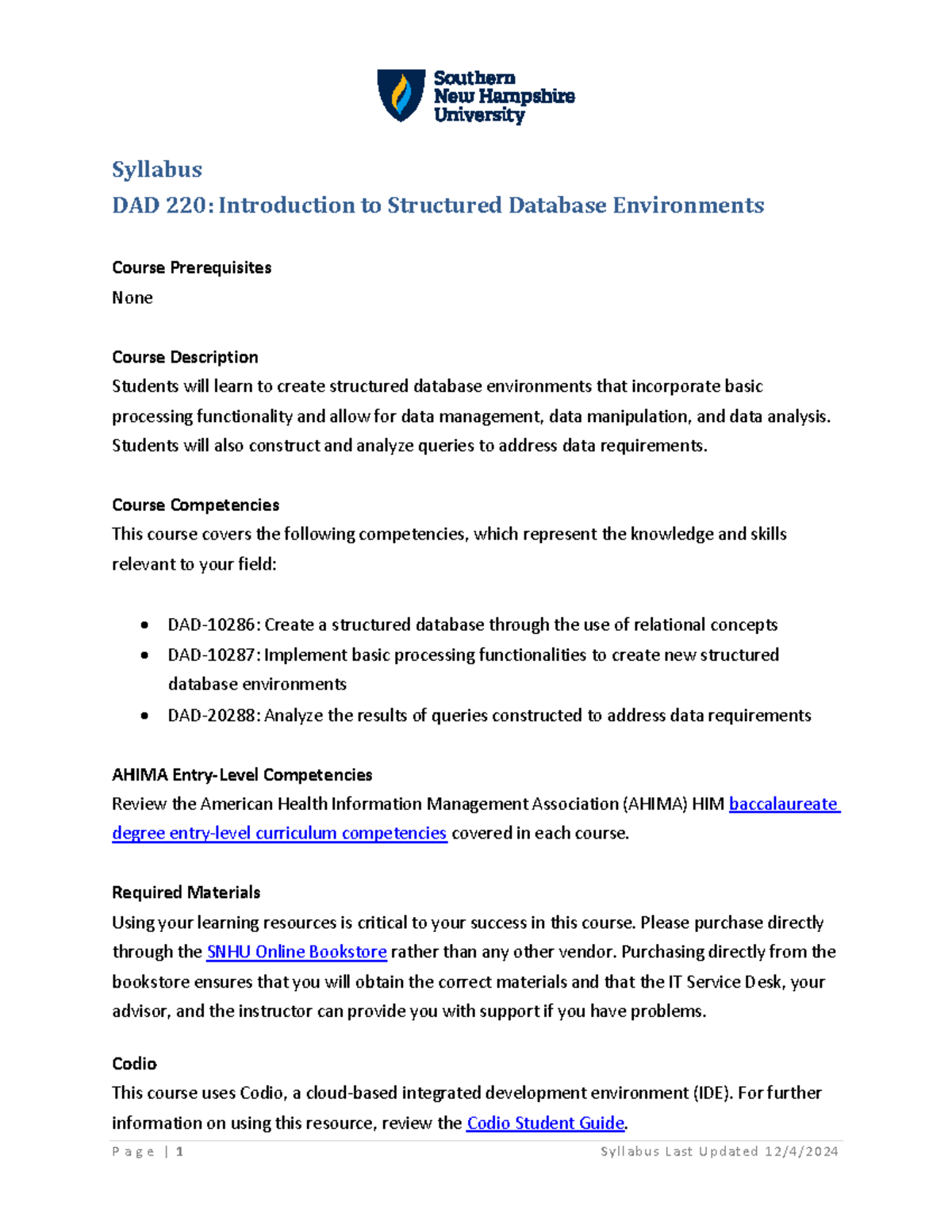 DAD 220 Syllabus: Introduction to Structured Database Environments - Studocu
