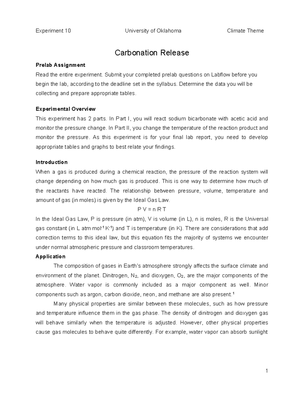 Experiment - Carbonation Release - Experiment 10 University of Oklahoma ...